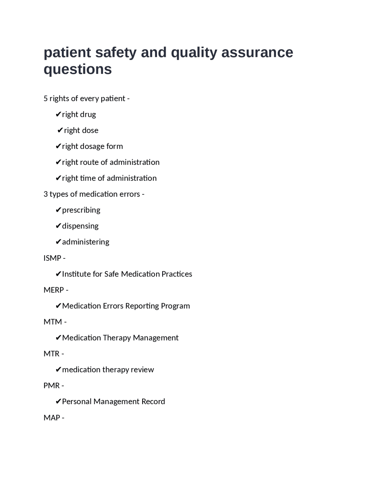 patient safety and quality assurance questions | Exams Medicine | Docsity