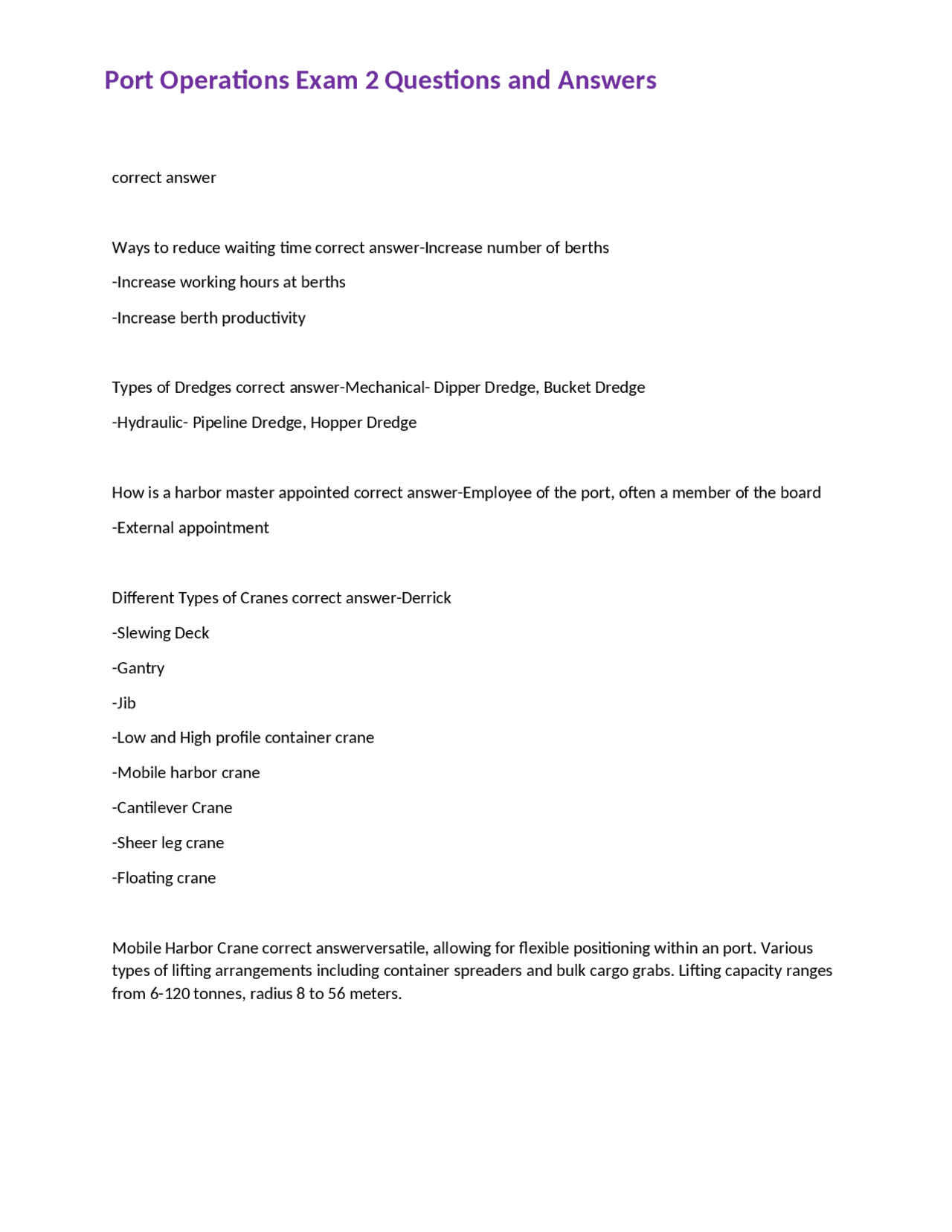 Port Operations Exam 2 Questions and Answers | Exams Port Management ...