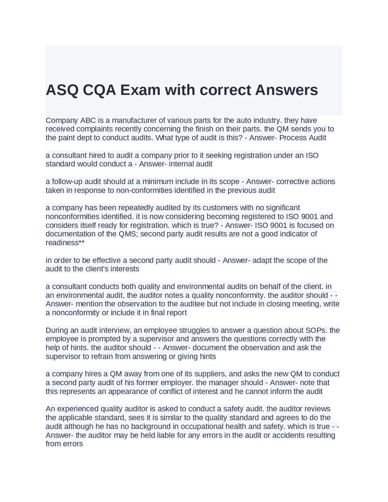 ASQ CQA Exam with Correct Answers | Exams Advanced Education | Docsity