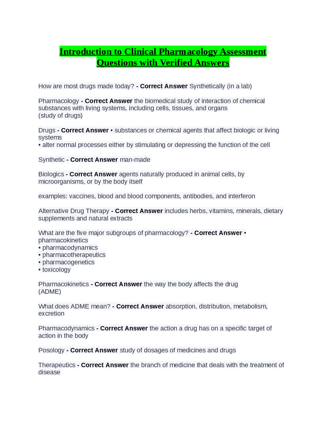 Introduction to Clinical Pharmacology Assessment Questions with Verified Answers | Exams Nursing ...