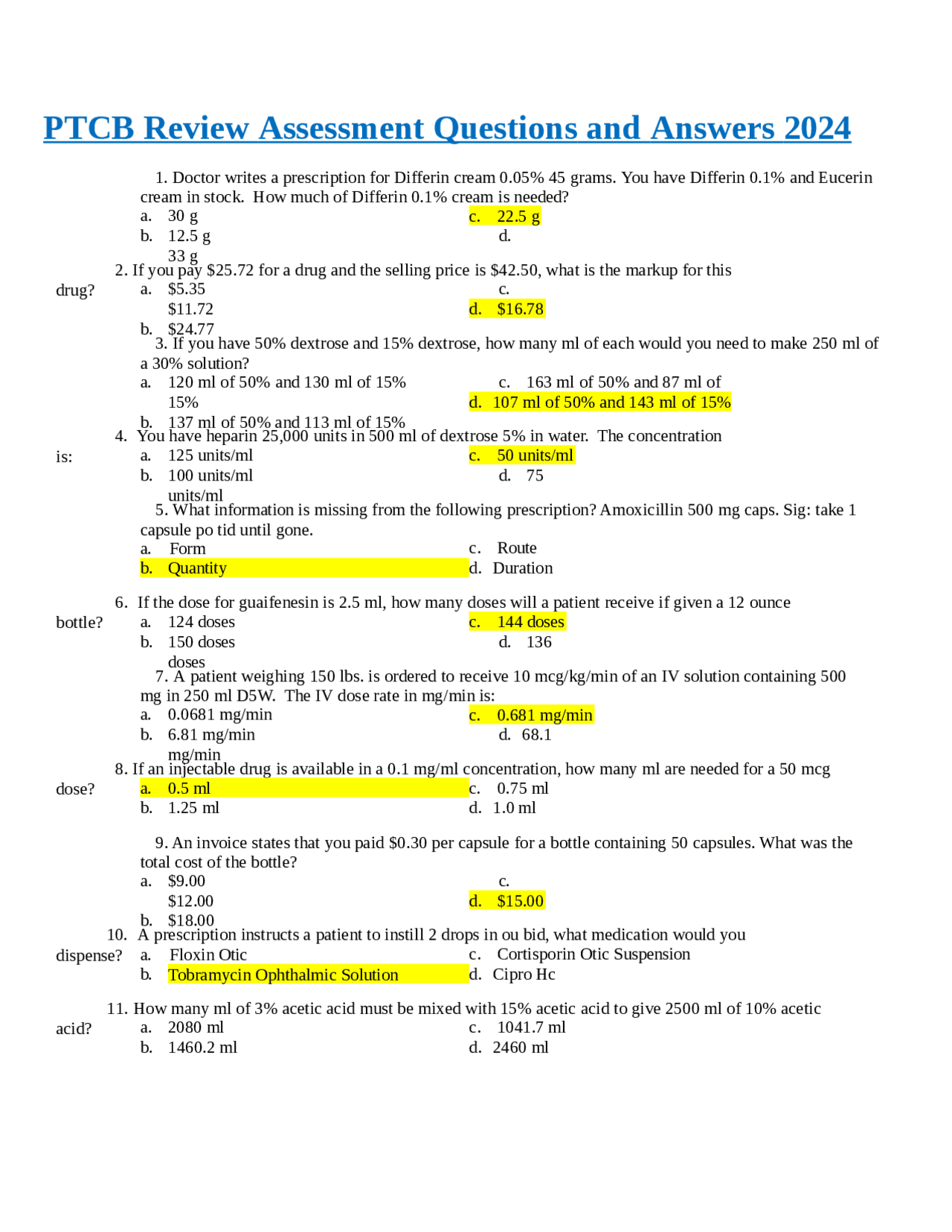 PTCB Review Assessment Questions and Answers 2024 | Exams Nursing | Docsity