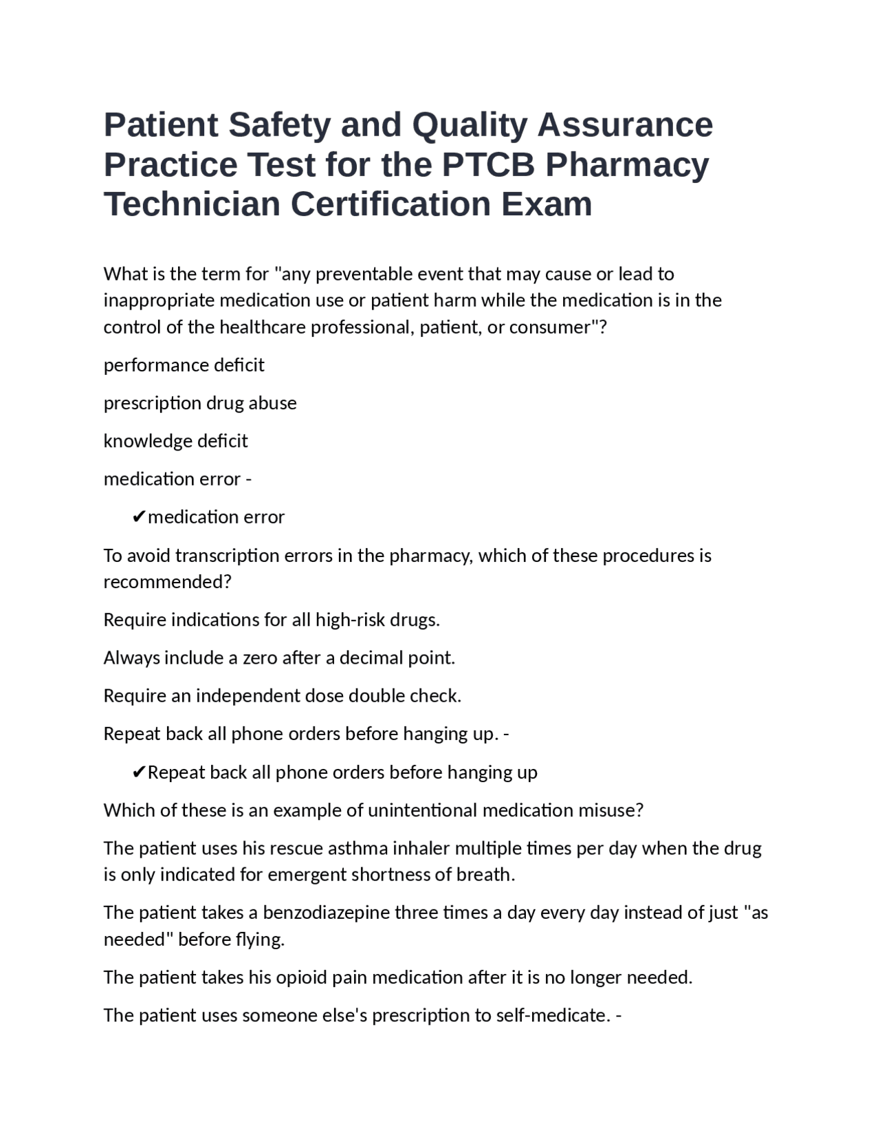 Patient Safety and Quality Assurance Practice Test for the PTCB ...