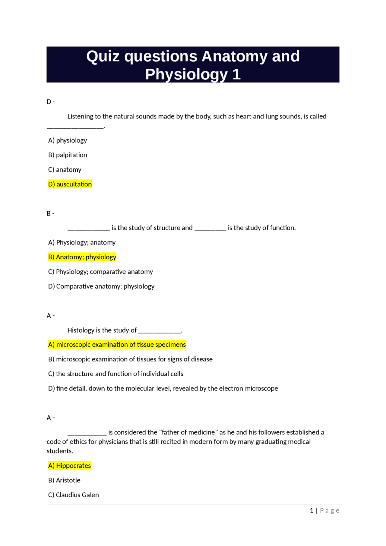 Quiz questions Anatomy and Physiology 1 | Exams Anatomy | Docsity