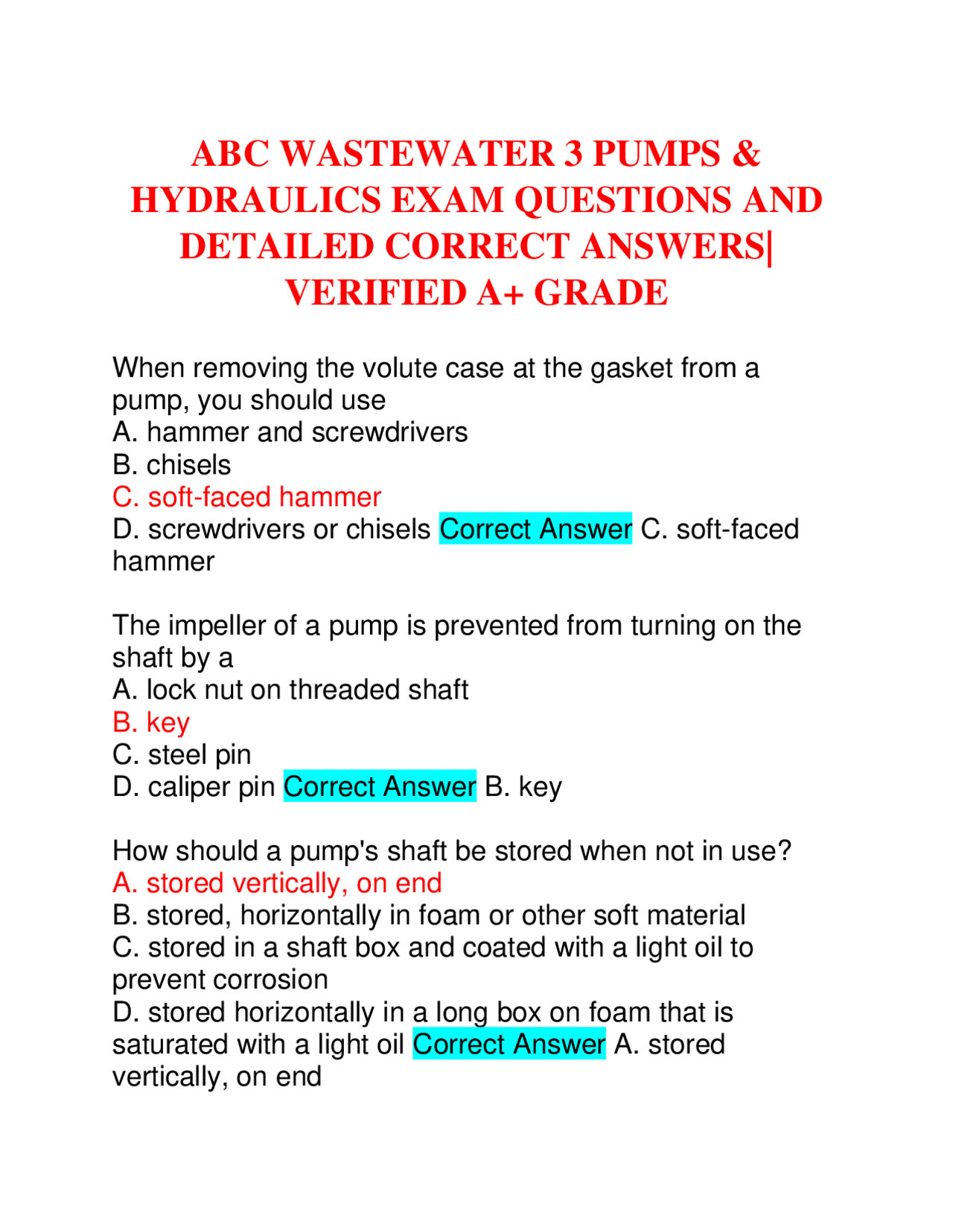 ABC WASTEWATER 3 PUMPS & HYDRAULICS EXAM QUESTIONS AND DETAILED CORRECT ...