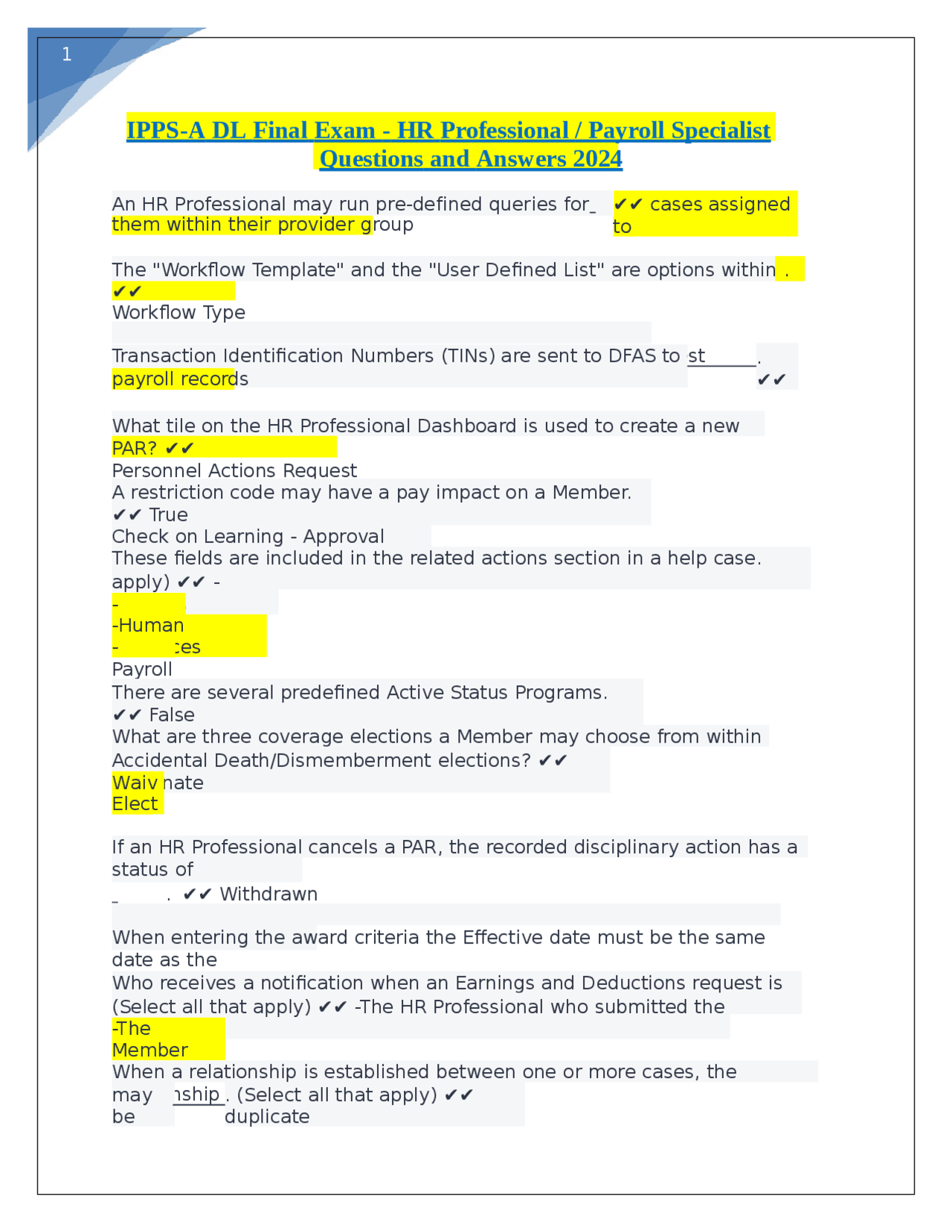 IPPS-A DL Final Exam - HR Professional / Payroll Specialist Questions ...