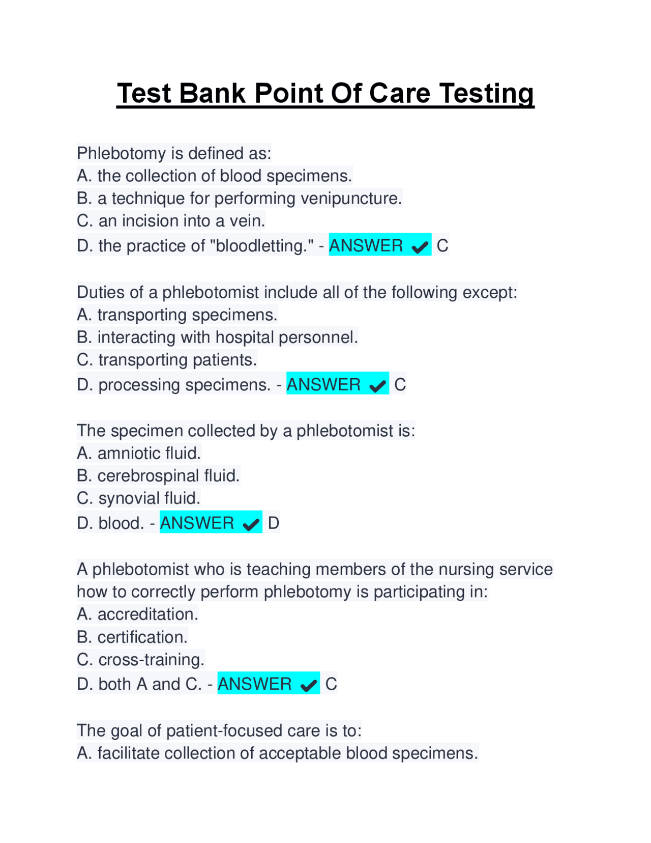 Point of Care Testing and Phlebotomy Practices | Exams Nursing | Docsity