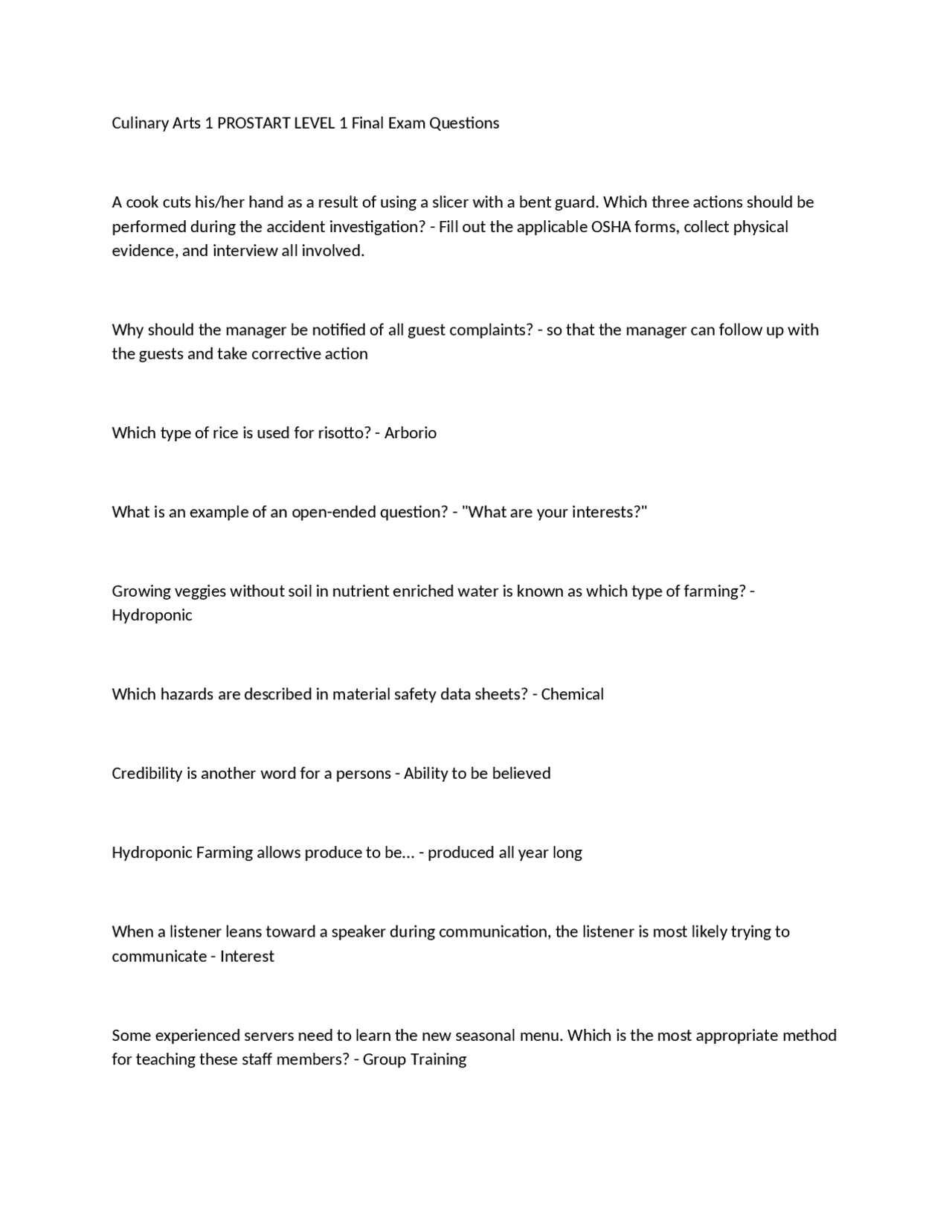 Culinary Arts 1 PROSTART LEVEL 1 Final Exam Questions | Exams Advanced ...