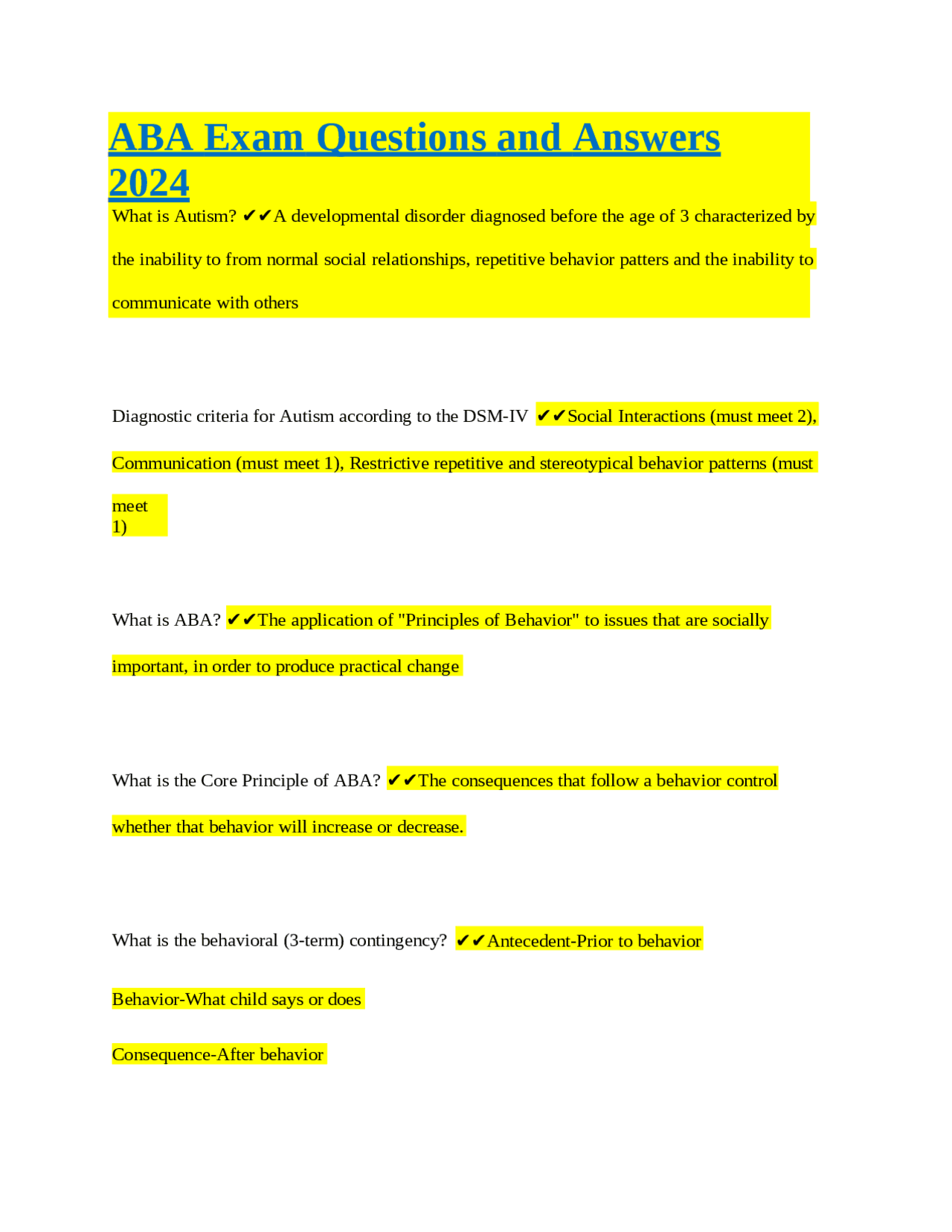 Applied Behavior Analysis (ABA) Exam Questions and Answers | Exams ...