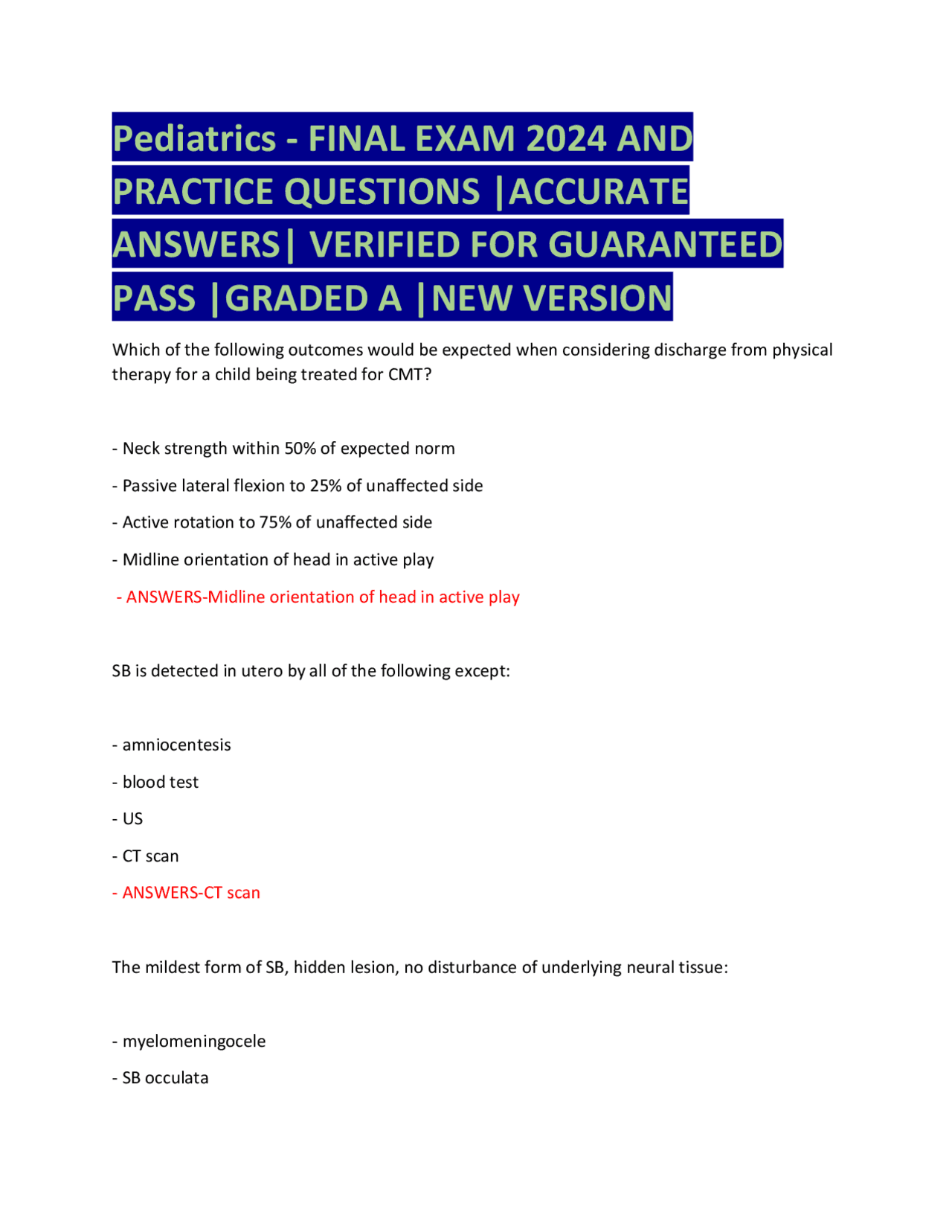 Pediatrics - FINAL EXAM 2024 AND PRACTICE QUESTIONS |ACCURATE ANSWERS ...