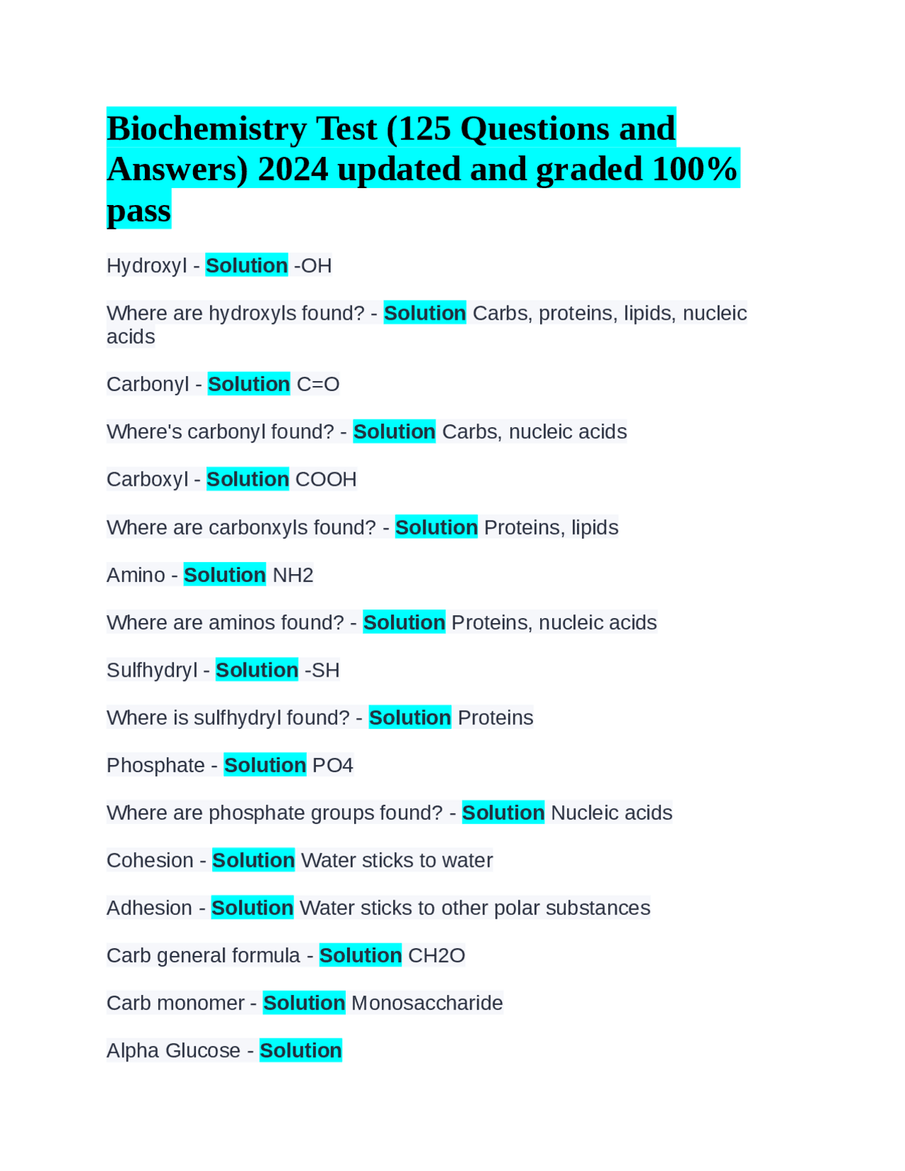 Biochemistry Test (125 Questions and Answers) 2024 updated and graded ...