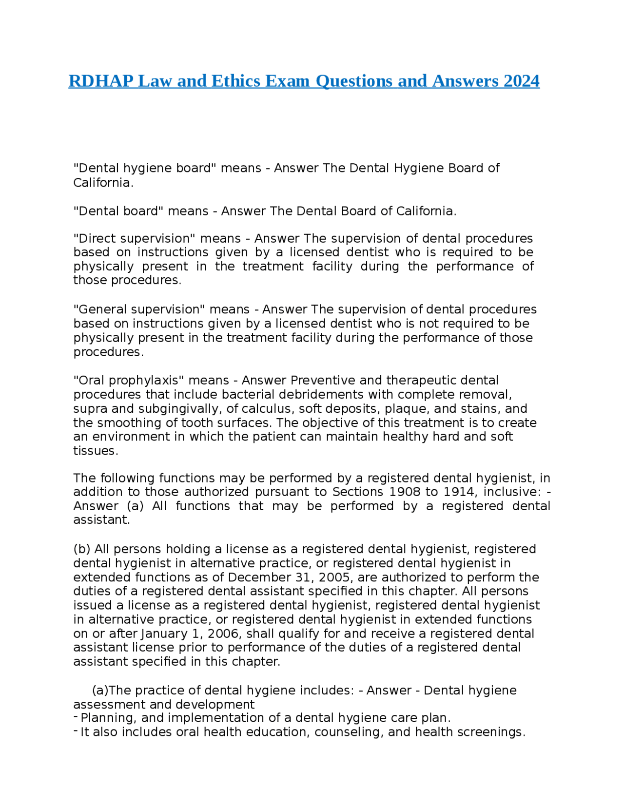 RDHAP Law and Ethics Exam Questions and Answers 2024 | Exams Nursing ...