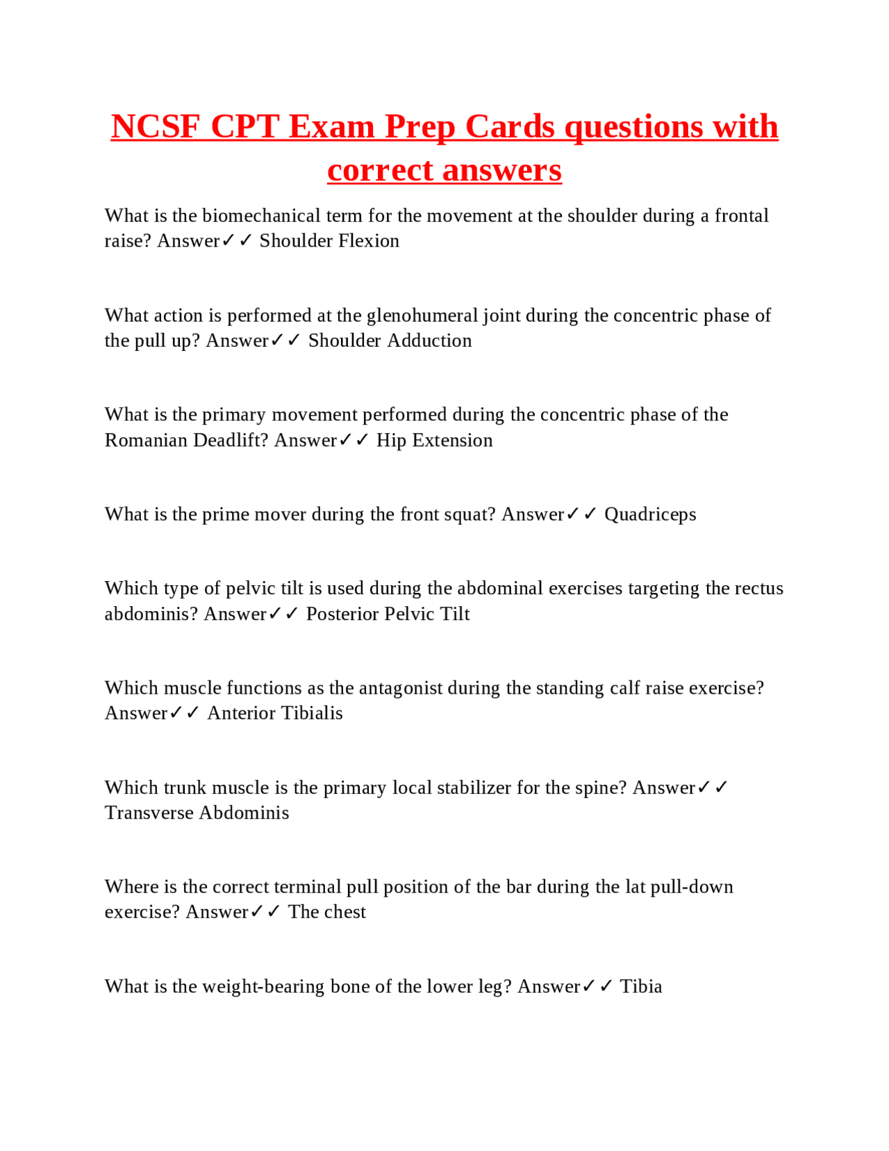 NCSF CPT Exam Prep Cards questions with correct answers | Exams Nursing ...