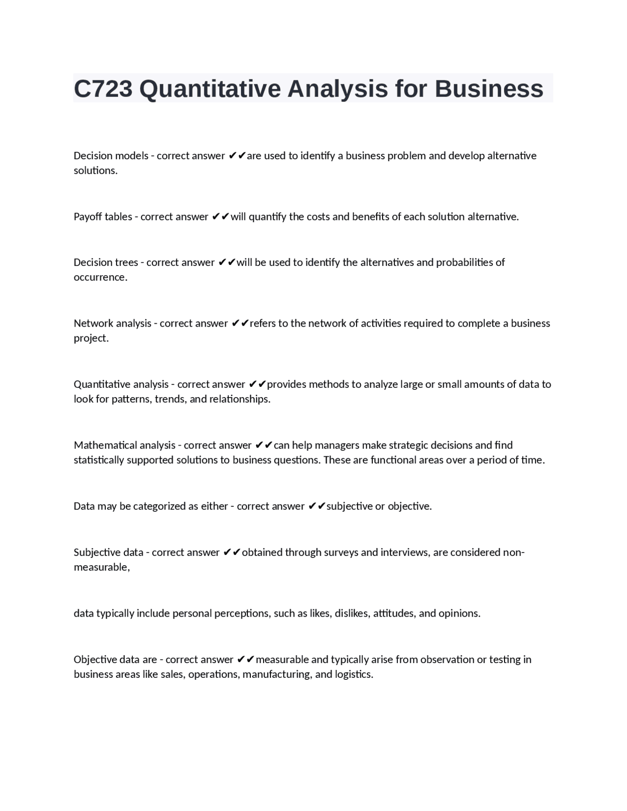 Quantitative Analysis for Business Decision-Making | Exams Nursing ...