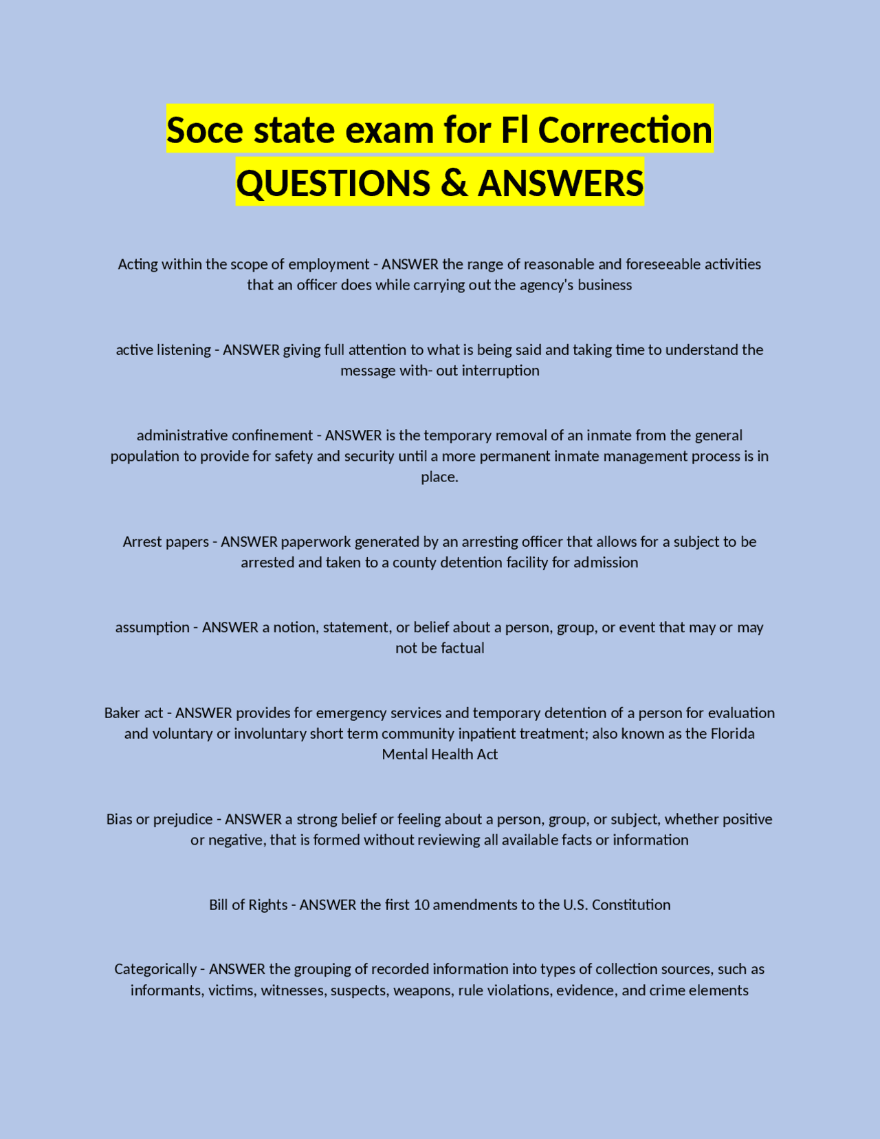 Soce state exam for Fl Correction QUESTIONS & ANSWERS | Exams Law | Docsity