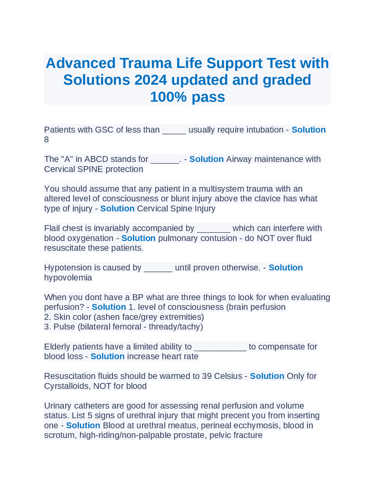 Advanced Trauma Life Support Test with Solutions 2024 | Exams Nursing ...