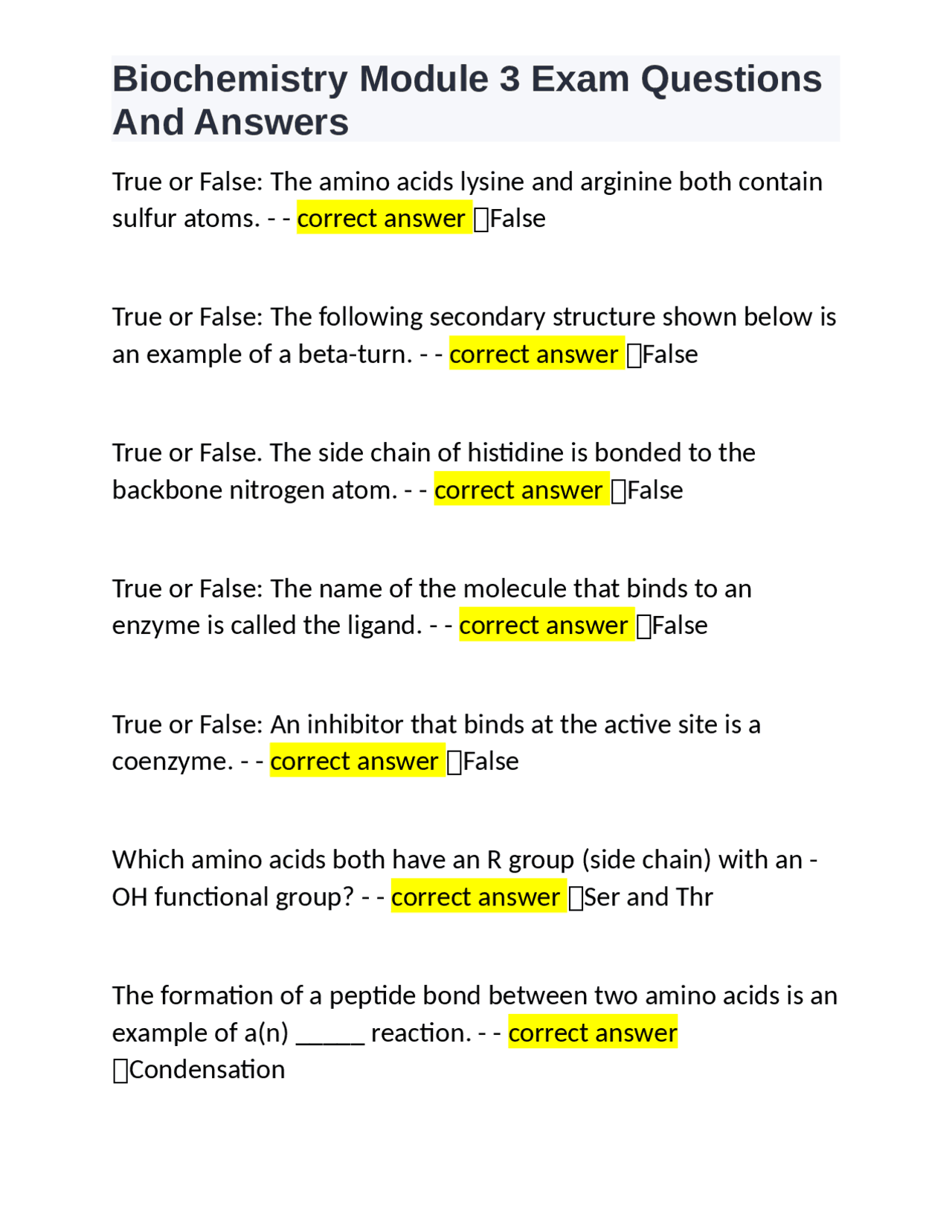 Biochemistry Module 3 Exam Questions And Answers | Exams Biochemistry | Docsity
