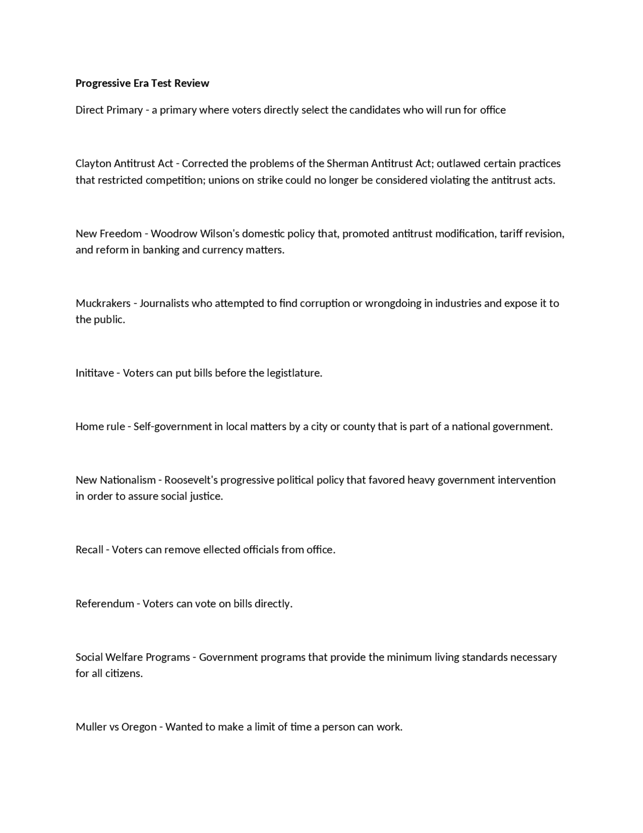 Progressive Era Test Review | Exams History | Docsity