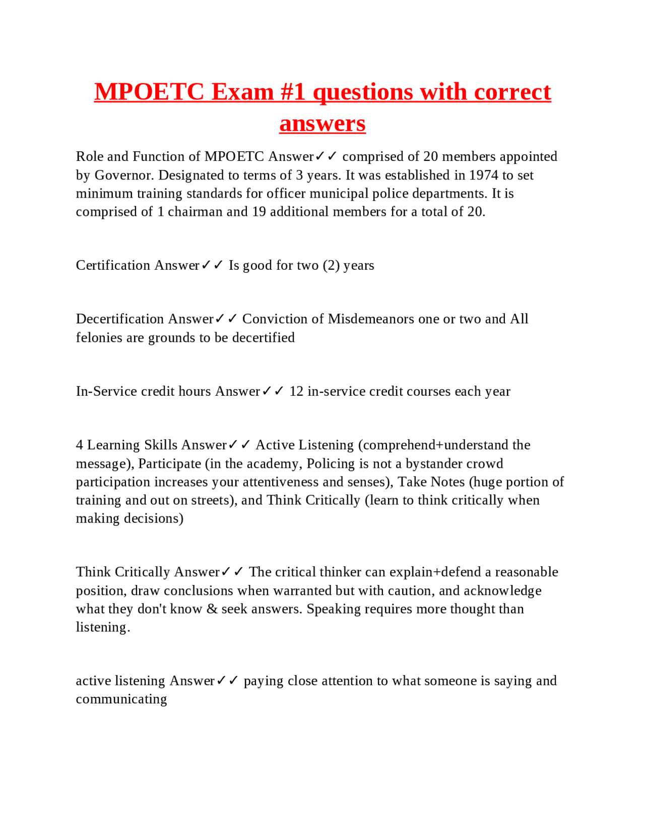 MPOETC Exam #1 questions with correct answers | Exams Nursing | Docsity