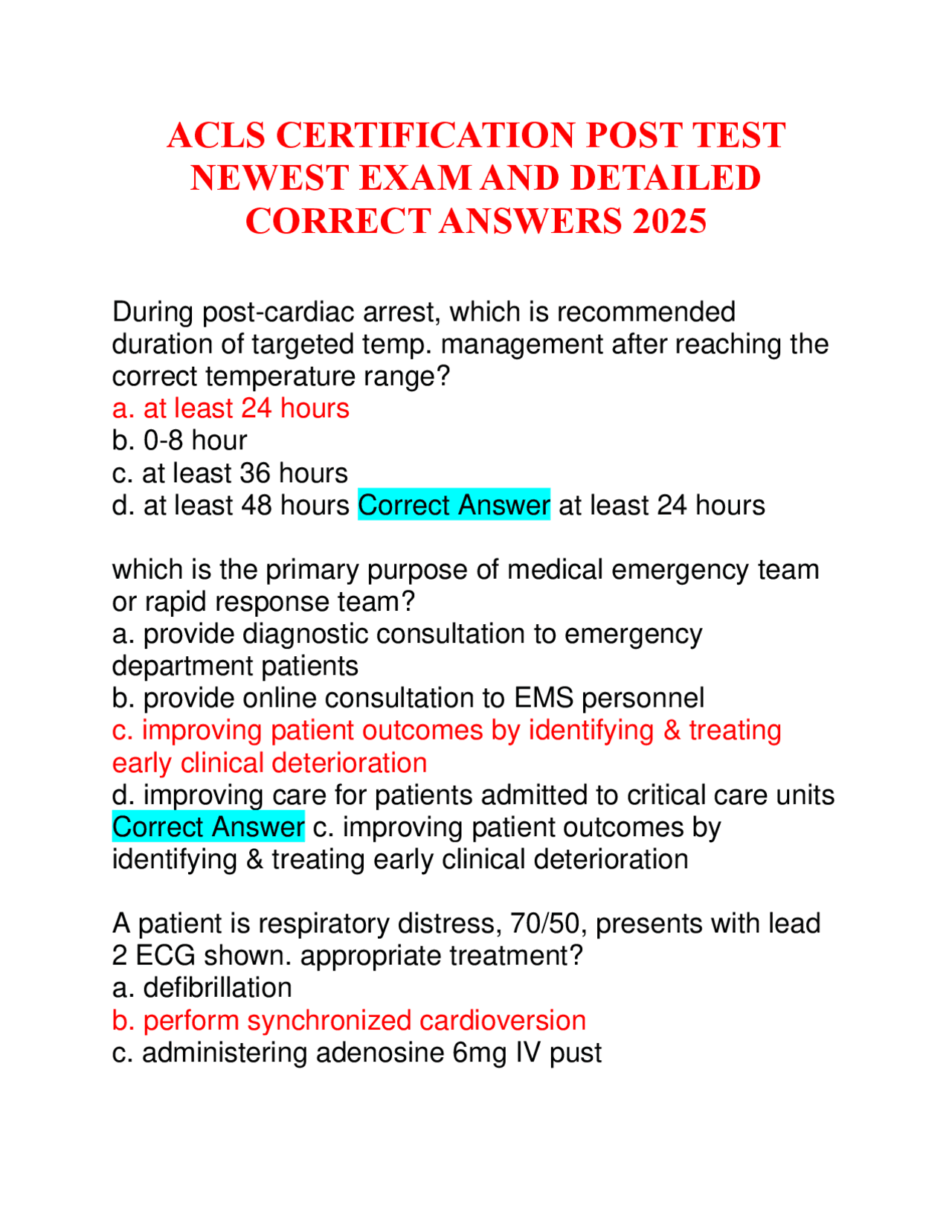 ACLS CERTIFICATION POST TEST NEWEST EXAM AND DETAILED CORRECT ANSWERS ...