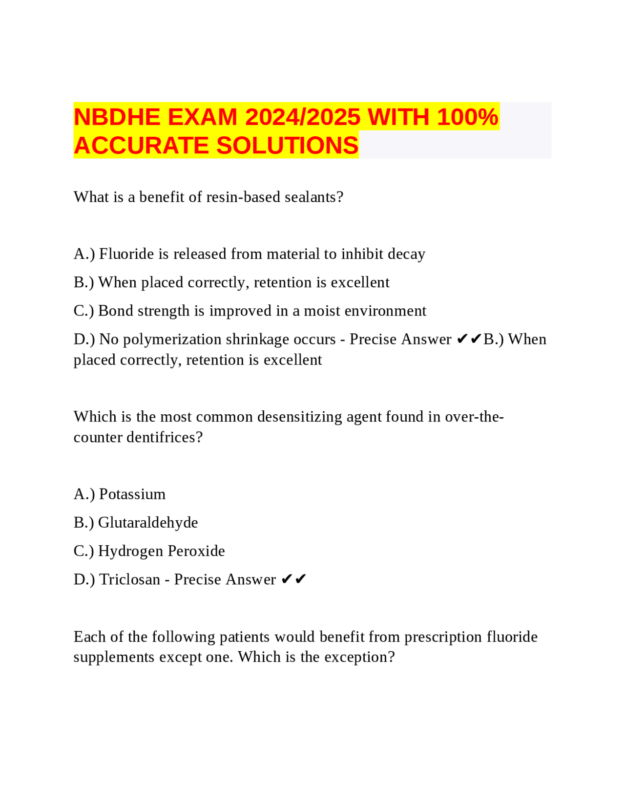 NBDHE EXAM 2024/2025 WITH 100% ACCURATE SOLUTIONS | Exams Nursing | Docsity