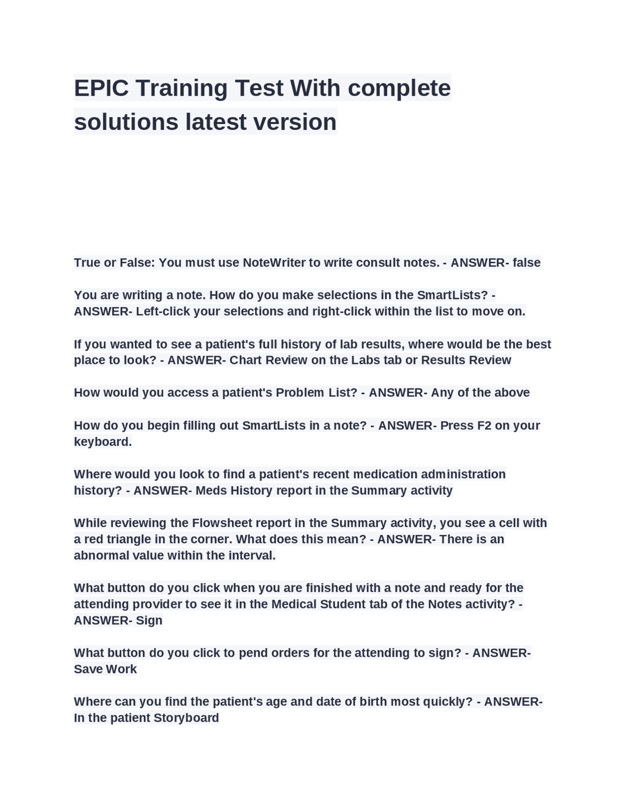 EPIC Training Test With complete solutions latest version.docx | Exams ...