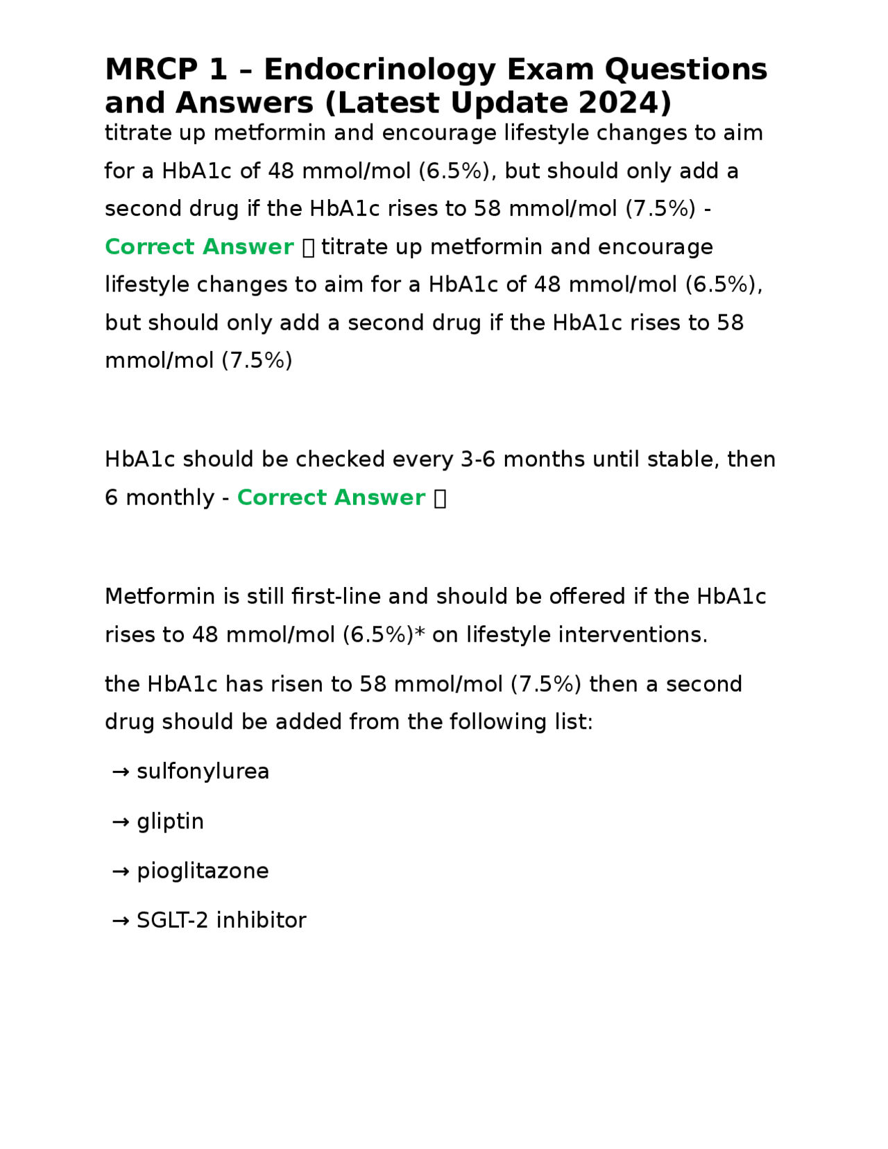 MRCP 1 - Endocrinology Exam Questions and Answers (Latest Update 2024 ...