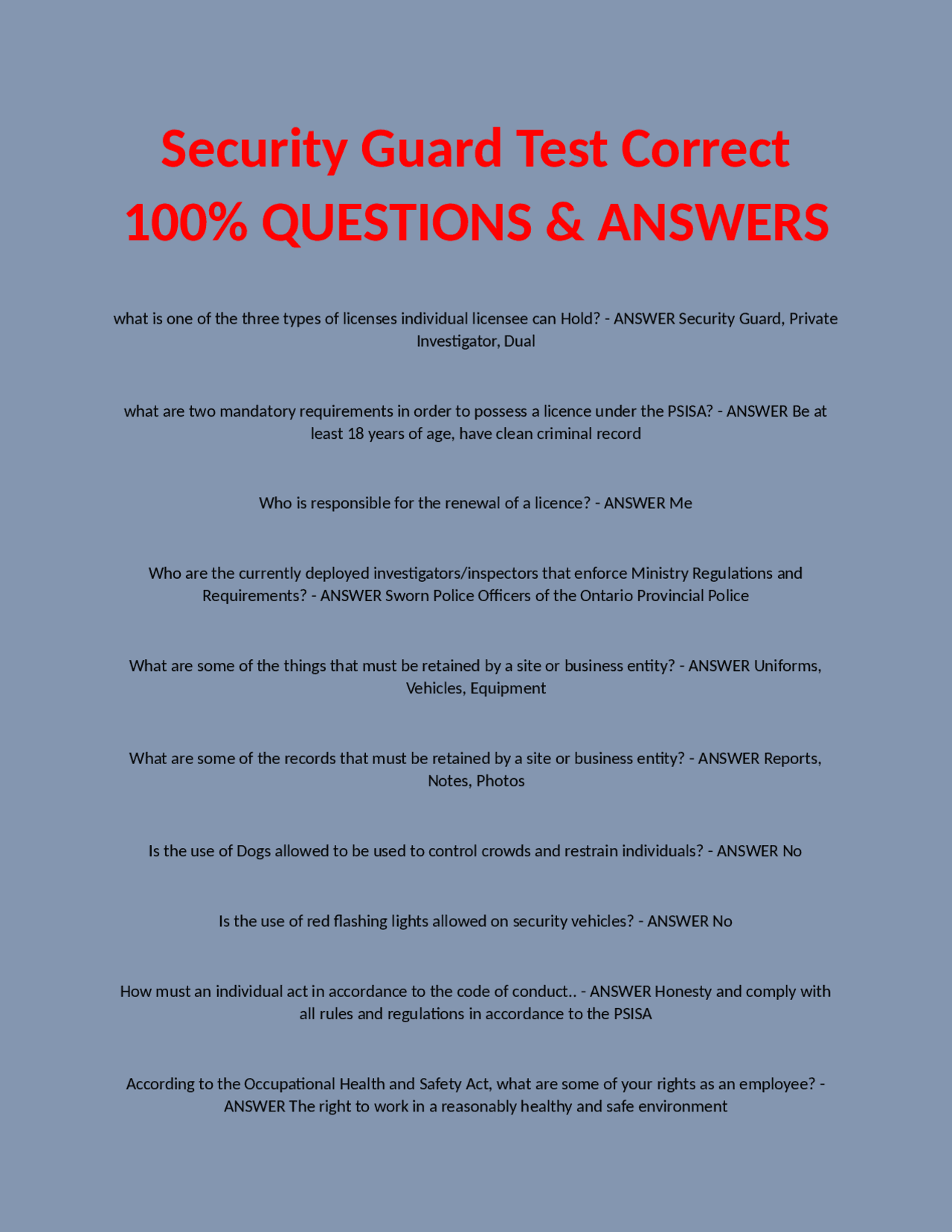 Security Guard Test Correct 100% QUESTIONS & ANSWERS | Exams Social ...