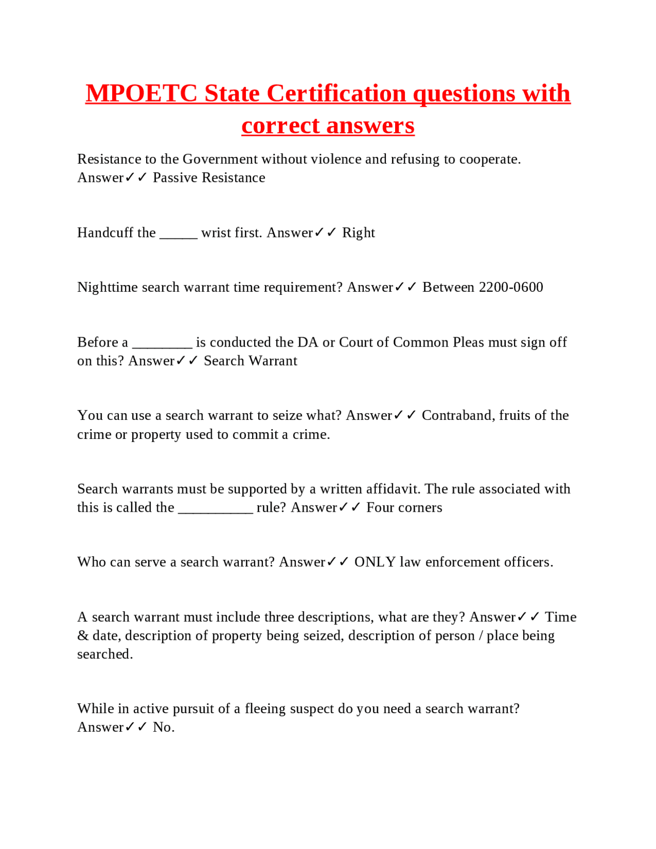 MPOETC State Certification questions with correct answers | Exams ...