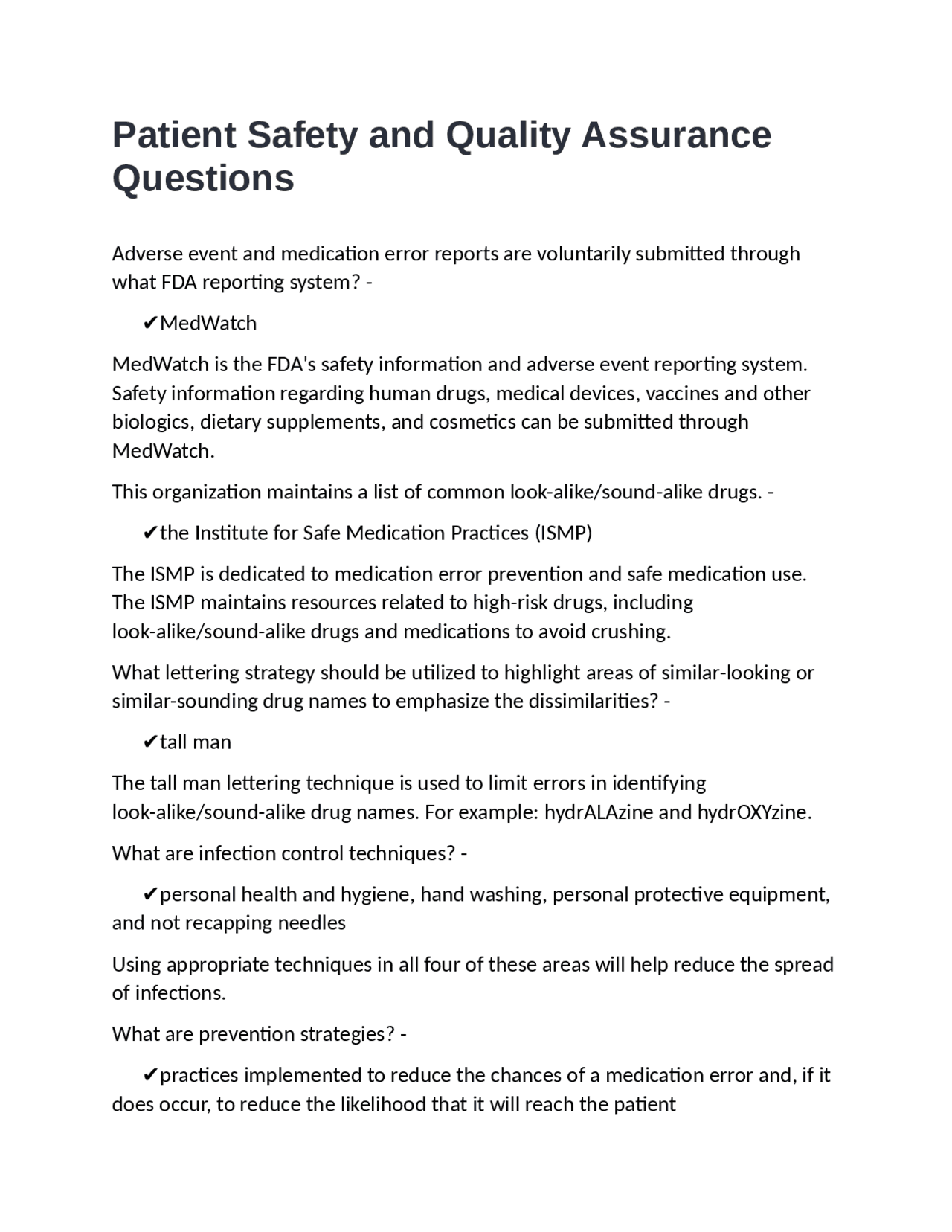 Patient Safety and Quality Assurance Questions | Exams Medicine | Docsity