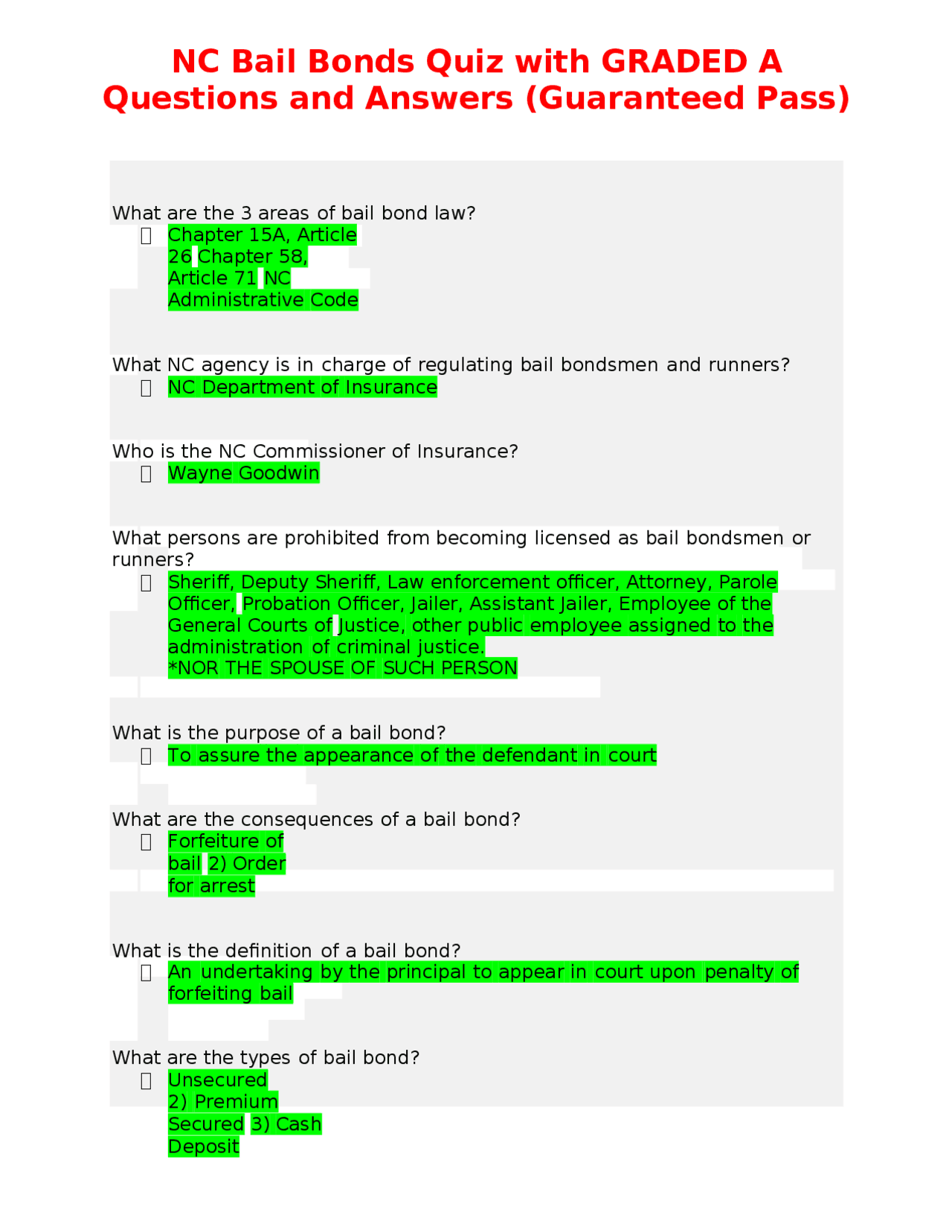 NC Bail Bonds Quiz with GRADED A | Exams Law | Docsity