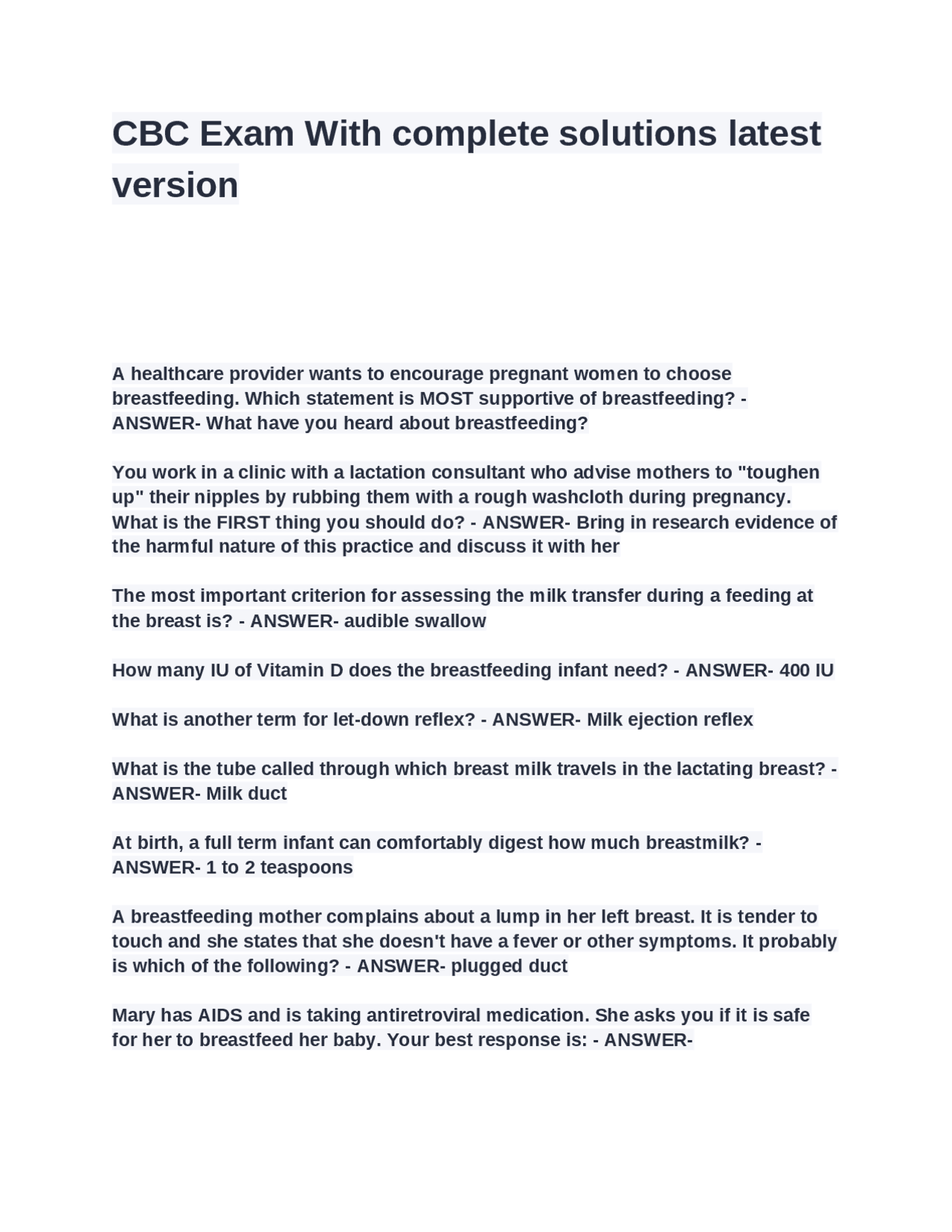 CBC Exam With complete solutions latest version. | Exams Nursing | Docsity