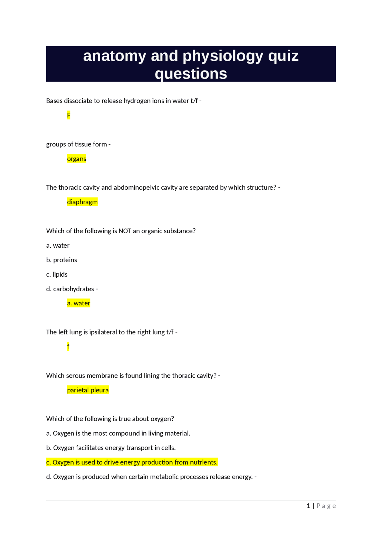 anatomy and physiology quiz questions | Exams Anatomy | Docsity