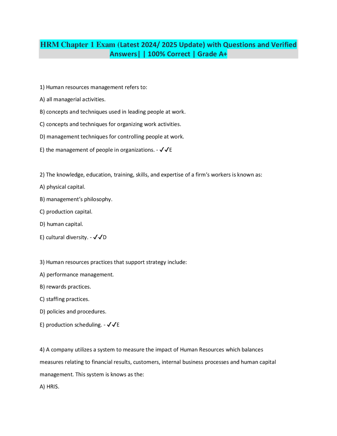 HRM Chapter 1 Exam (Latest 2024/ 2025 Update) with Questions and ...