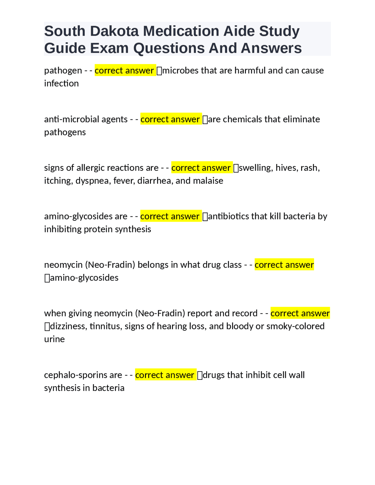 South Dakota Medication Aide Study Guide Exam Questions And Answers ...