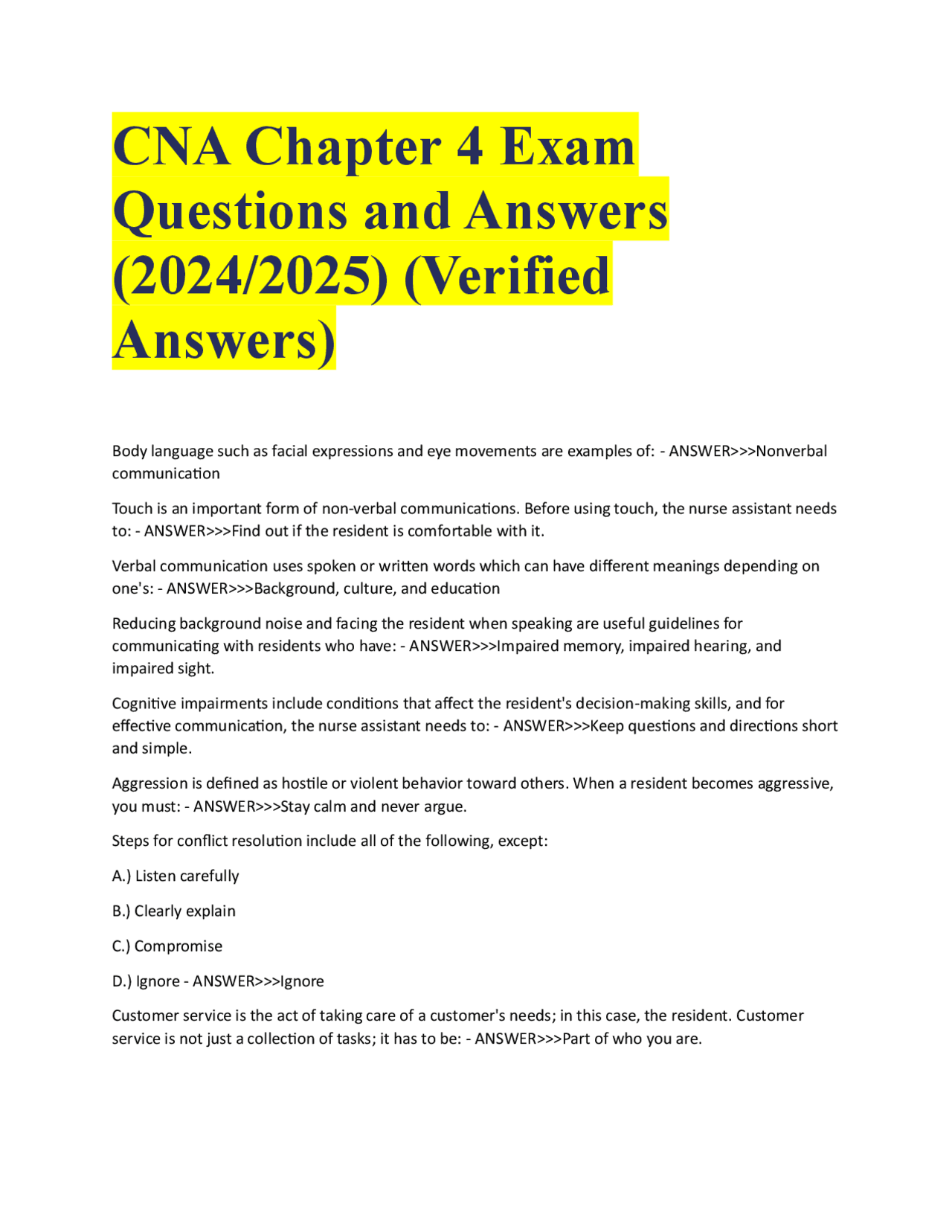 CNA Chapter 4 Exam Questions and Answers (2024/2025) (Verified Answers) | Exams Nursing | Docsity