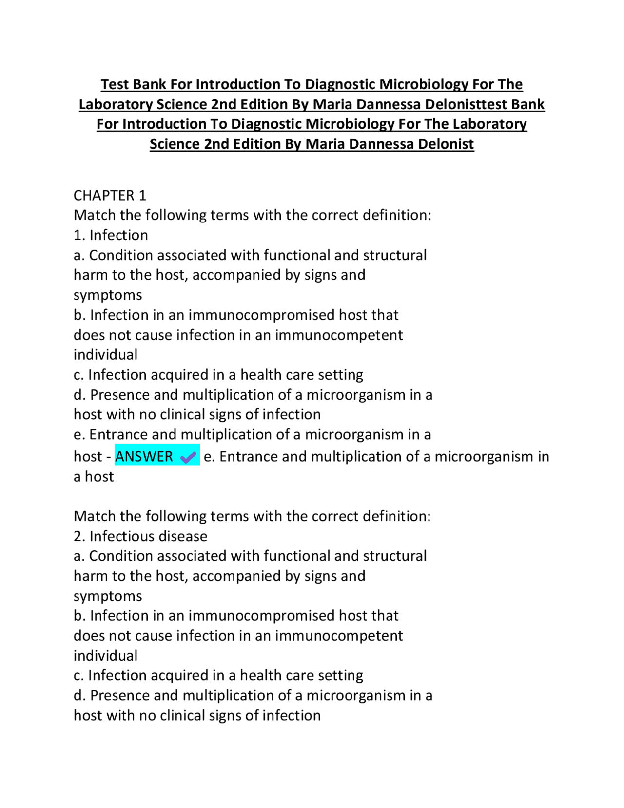 Test Bank For Introduction To Diagnostic Microbiology For The ...