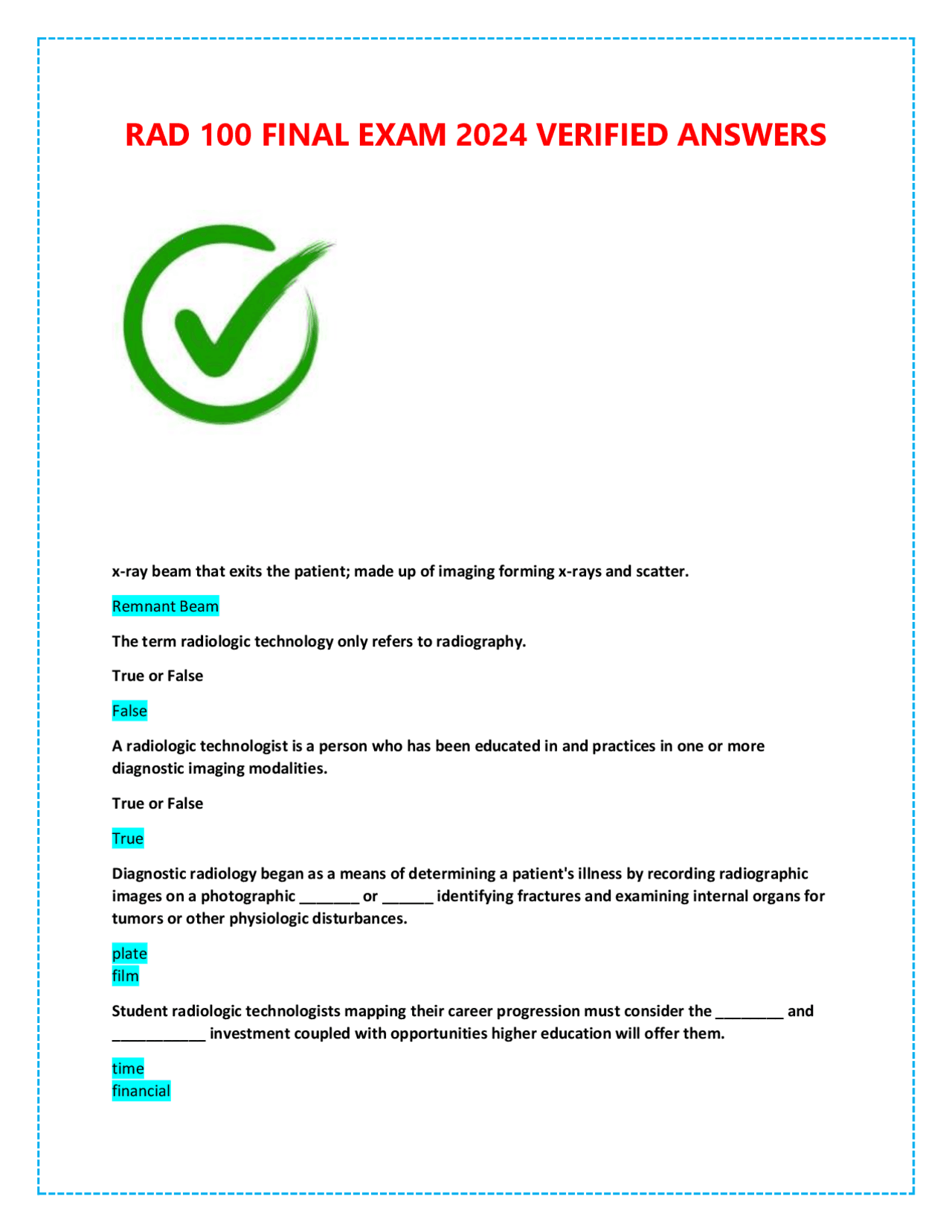 RAD 100 FINAL EXAM 2024 VERIFIED ANSWERS | Exams Radiology | Docsity