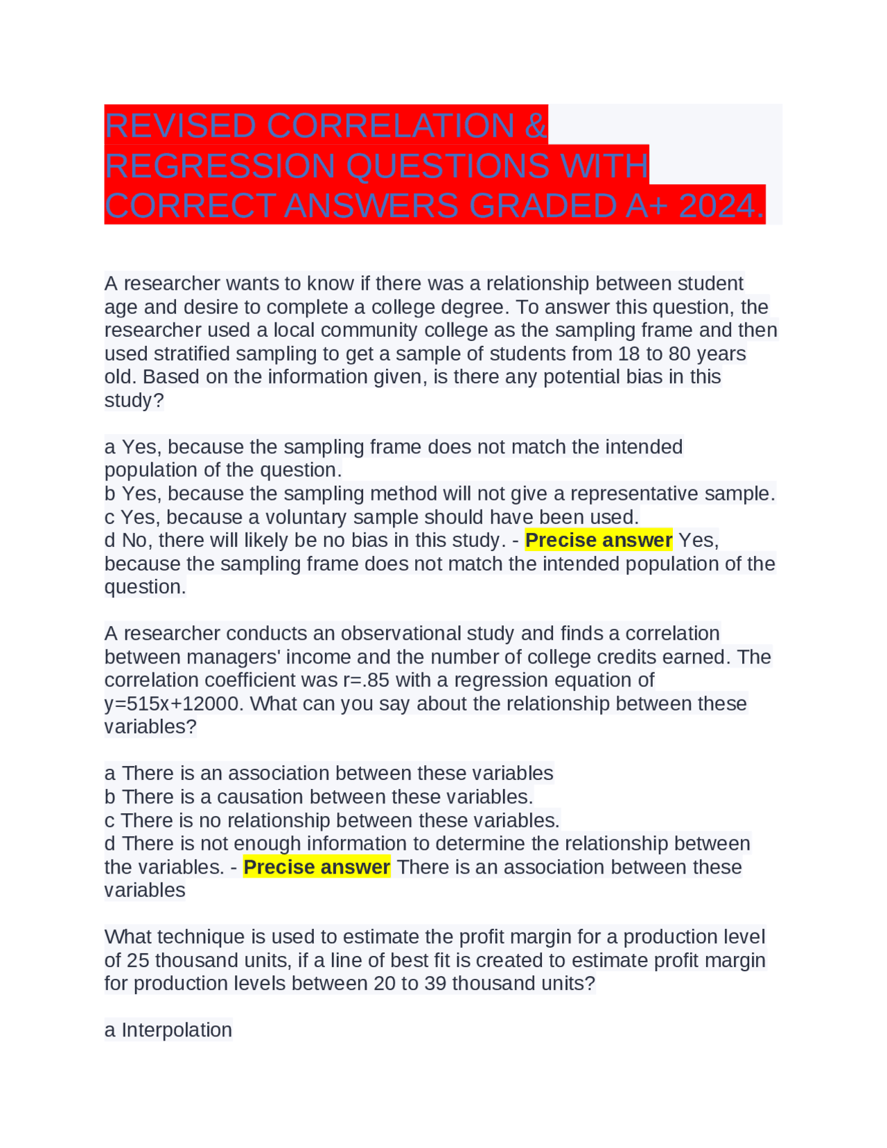 REVISED CORRELATION & REGRESSION QUESTIONS WITH CORRECT ANSWERS GRADED ...