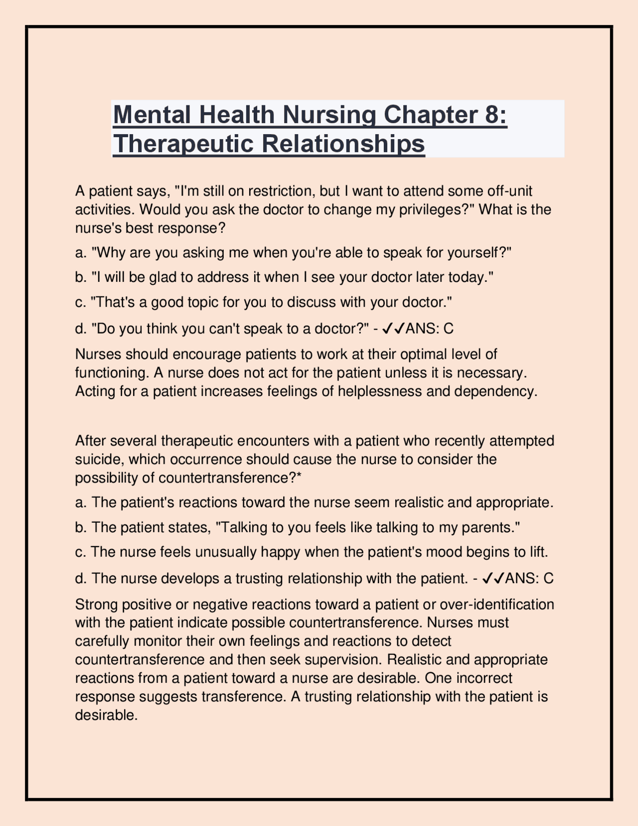 Mental Health Nursing Chapter 8: Therapeutic Relationships with Answers ...