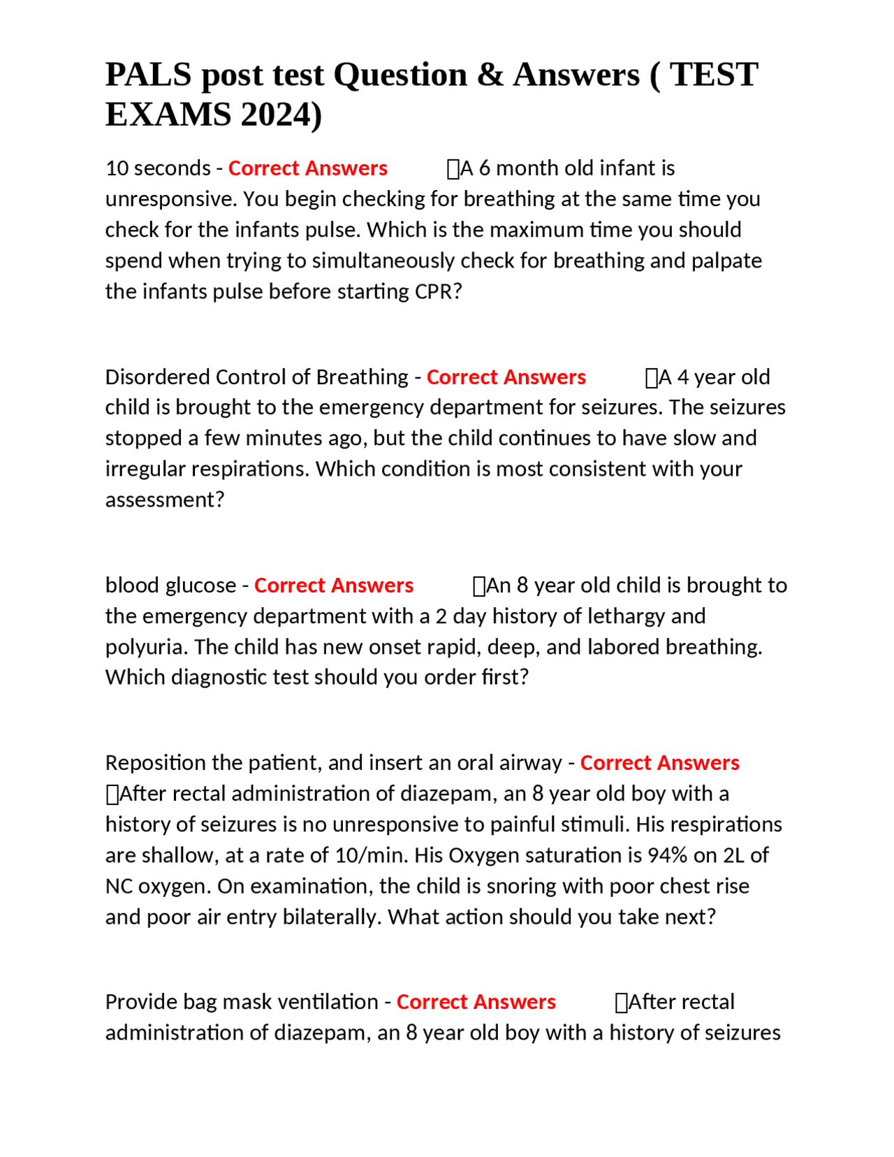 PALS post test Question & Answers ( TEST EXAMS 2024) | Exams Nursing ...