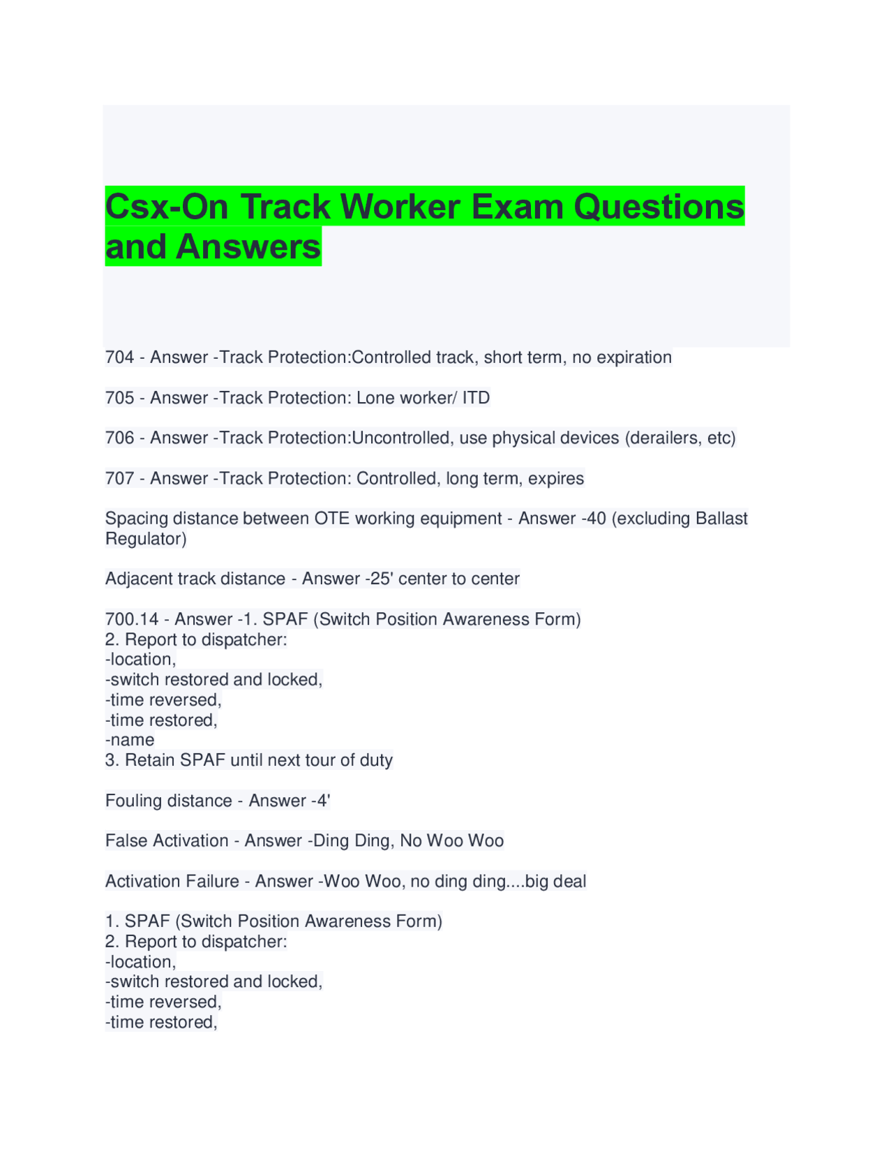 Csx-On Track Worker Exam Questions and Answers | Exams Advanced ...