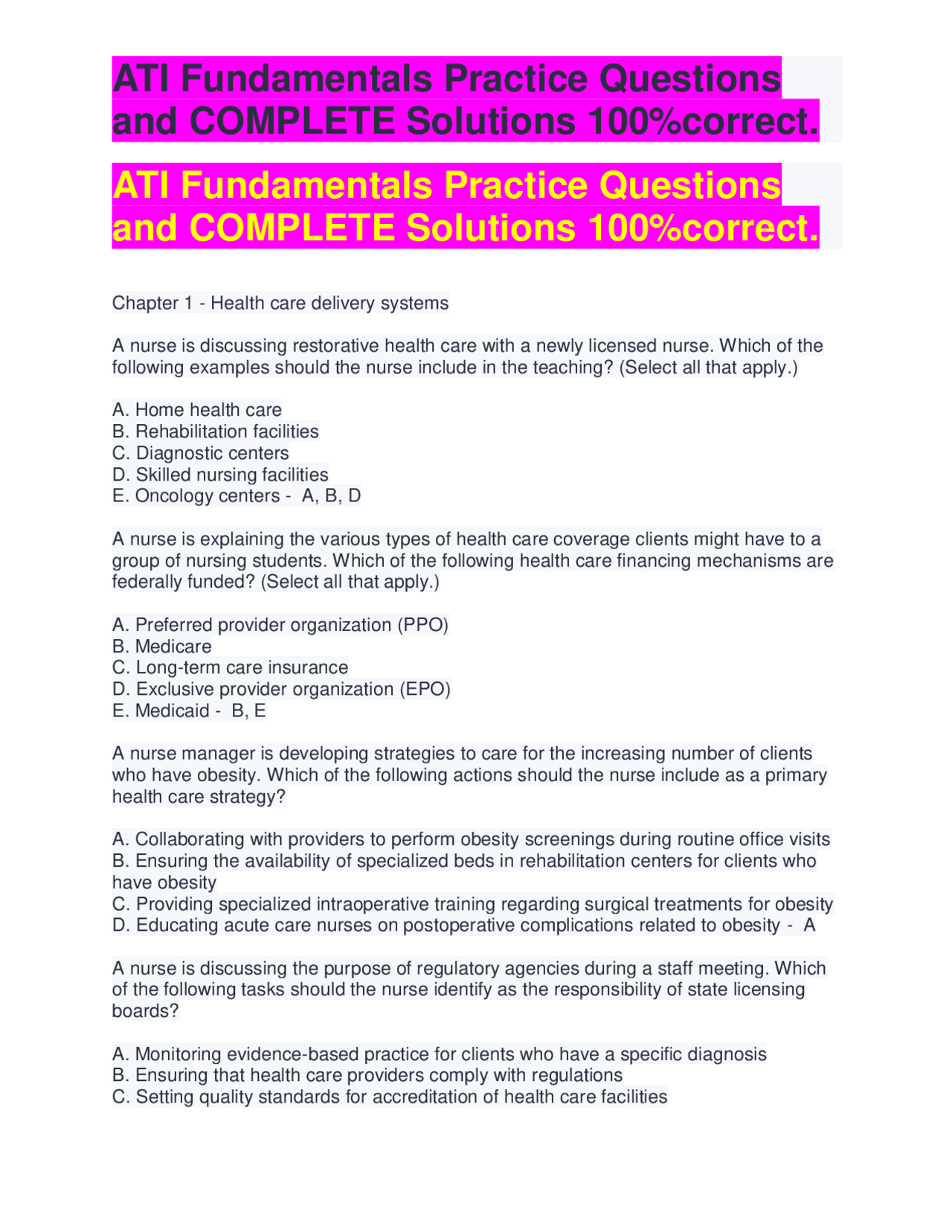 Fundamentals of Nursing: Comprehensive Practice Questions and Solutions ...