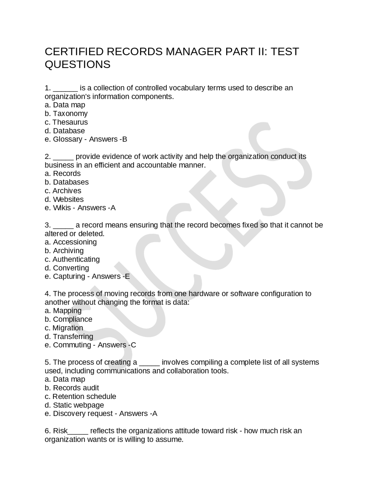 CERTIFIED RECORDS MANAGER PART II: TEST QUESTIONS | Exams Sociology ...