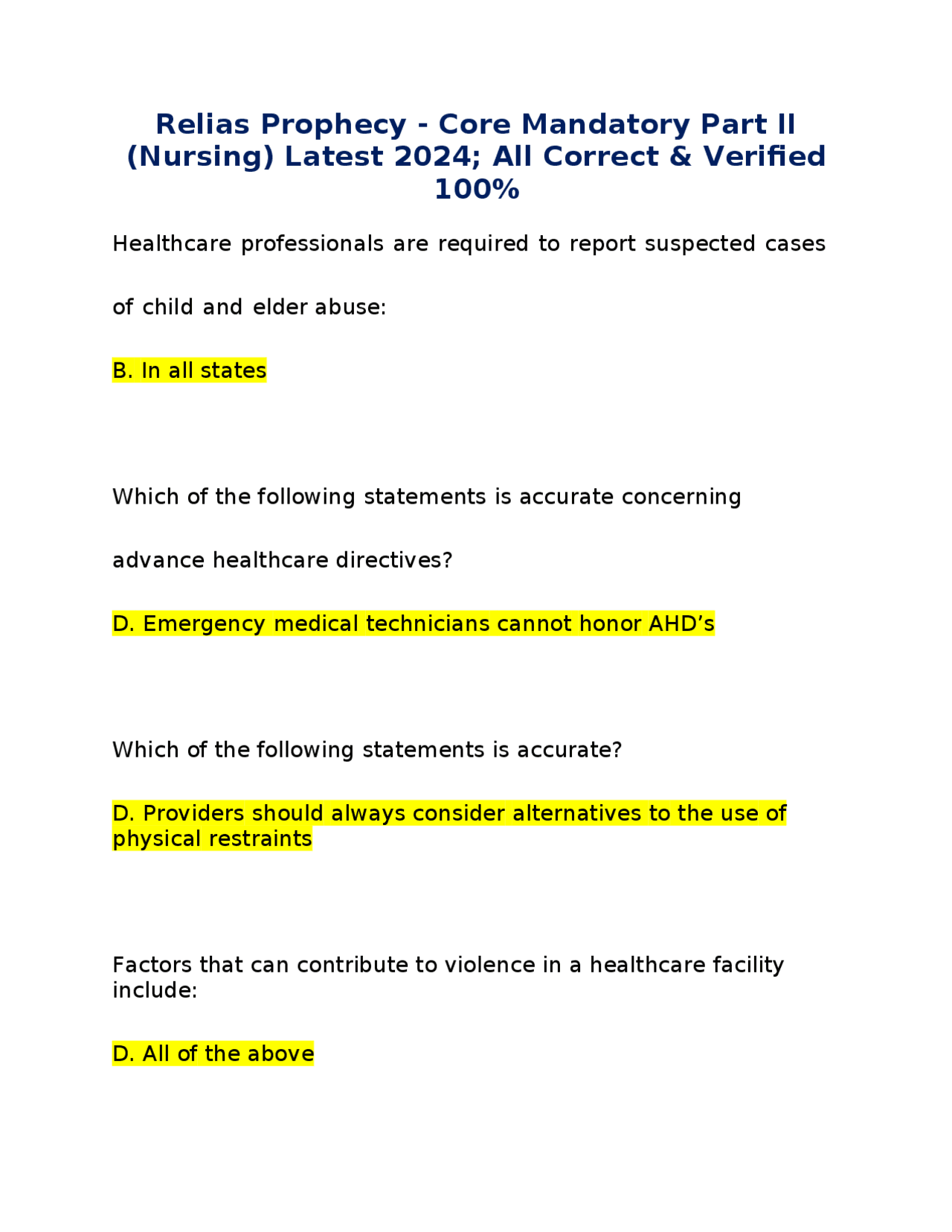 Relias Prophecy - Core Mandatory Part II (Nursing) Latest 2024; All ...