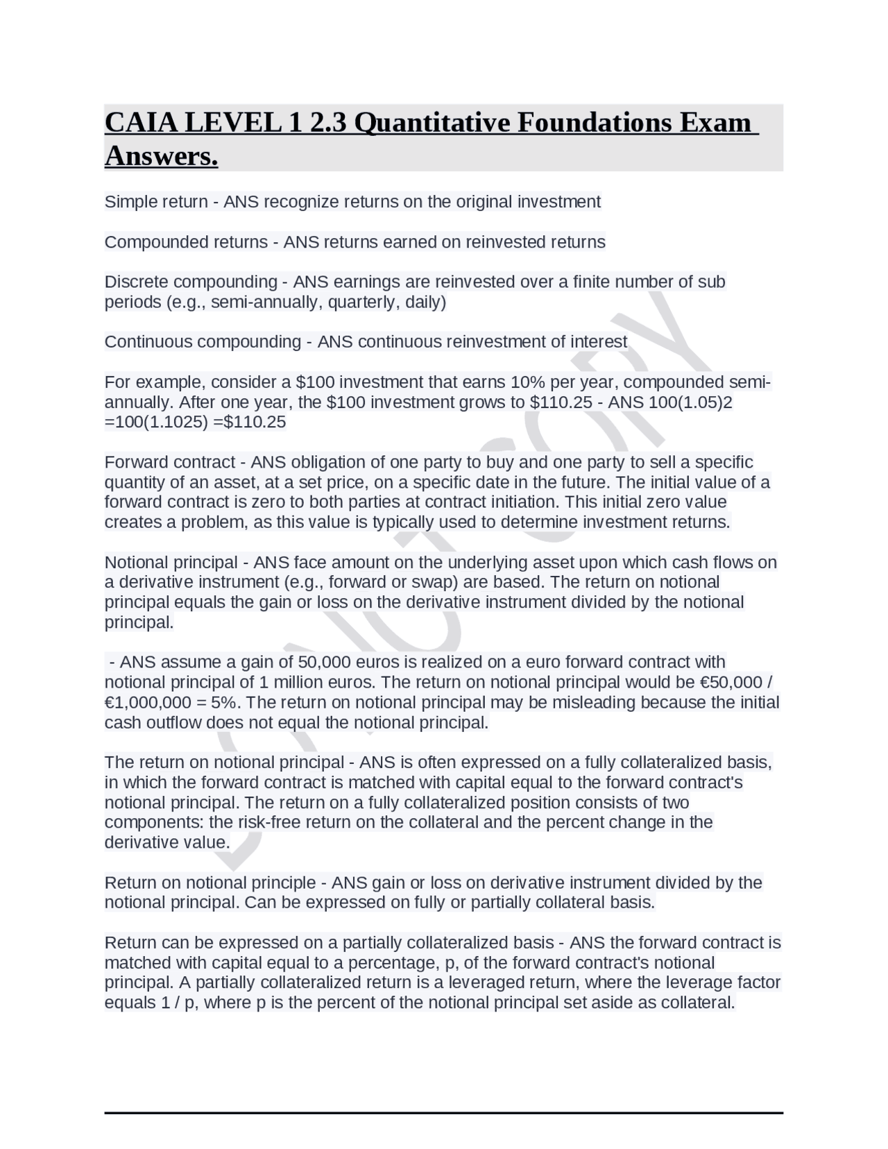 CAIA LEVEL 1 2.3 Quantitative Foundations Exam Answers. | Exams ...