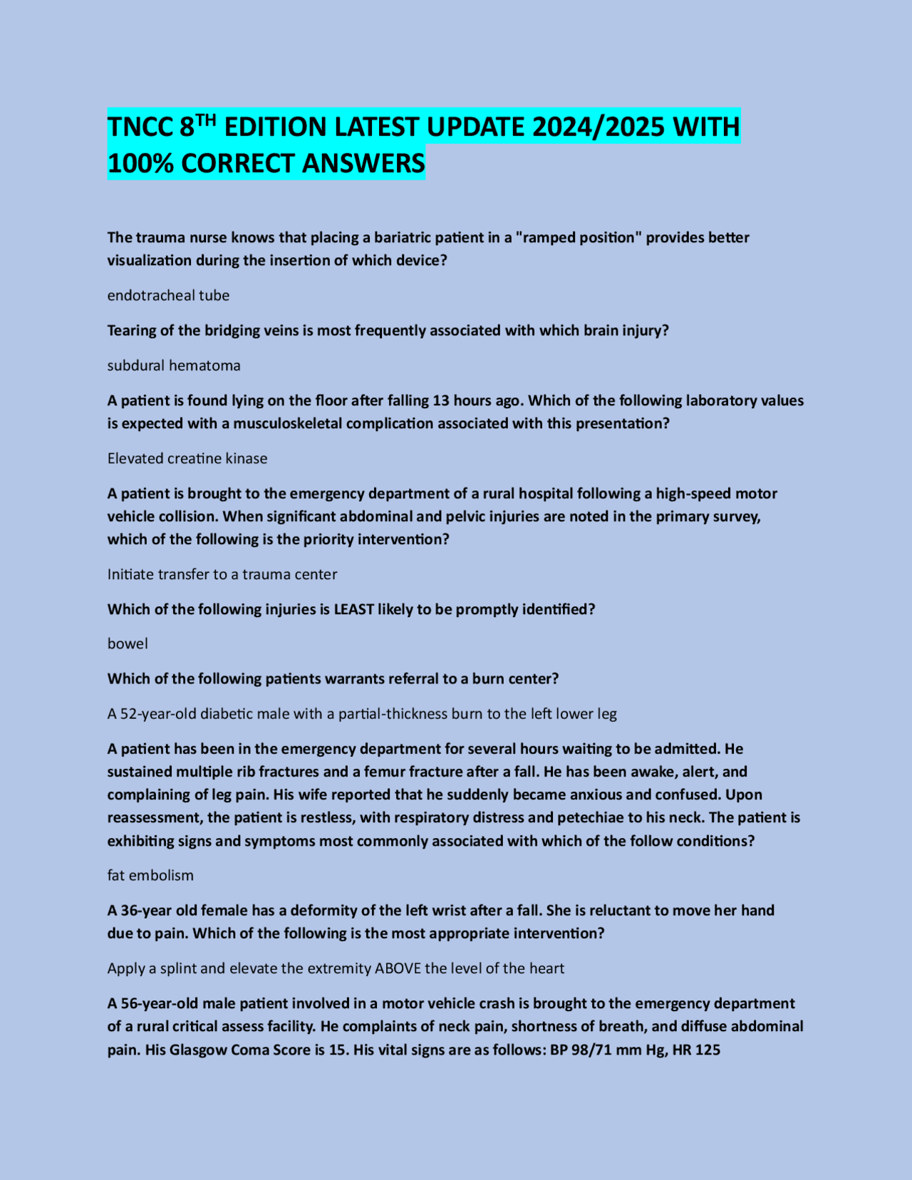 TNCC 8TH EDITION LATEST UPDATE 2024/2025 WITH 100% CORRECT ANSWERS ...