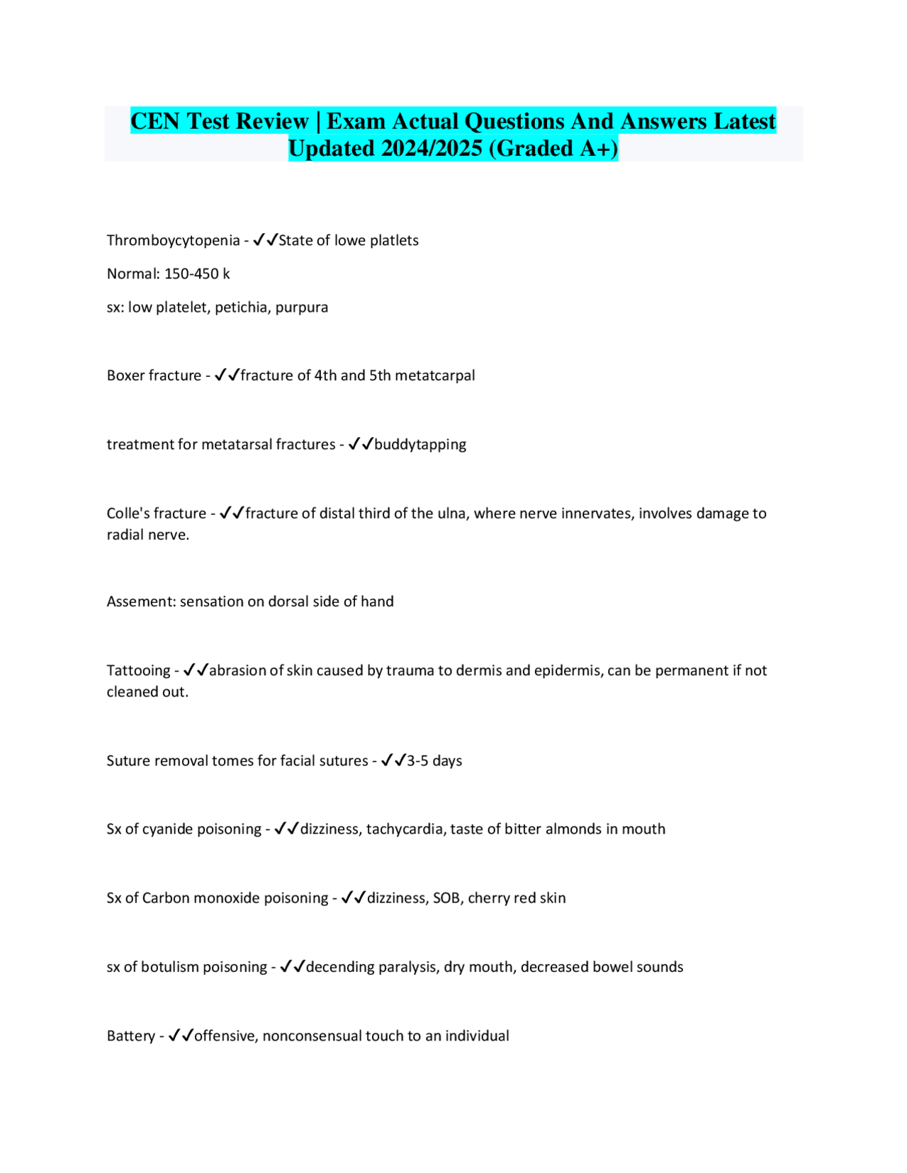 CEN Test Review | Exam Actual Questions And Answers Latest Updated 2024 ...