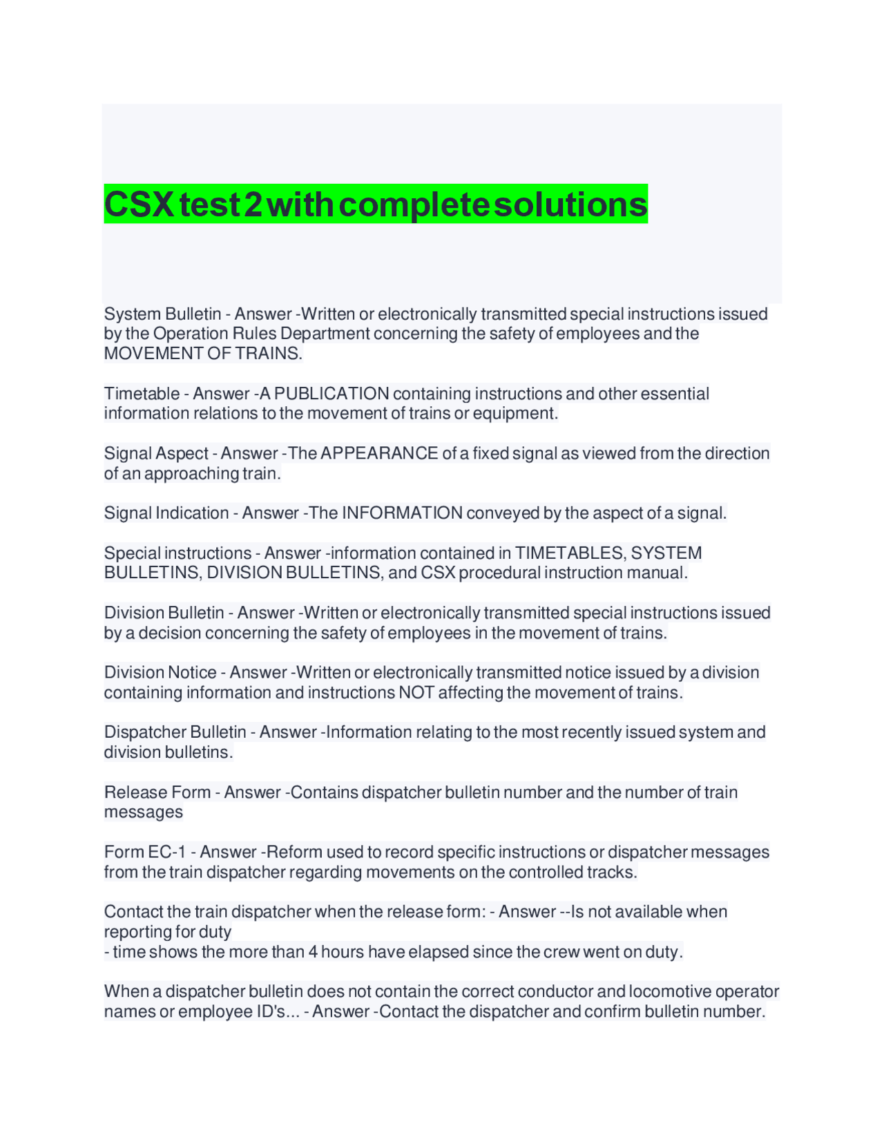 CSX test 2 with complete solutions | Exams Advanced Education | Docsity