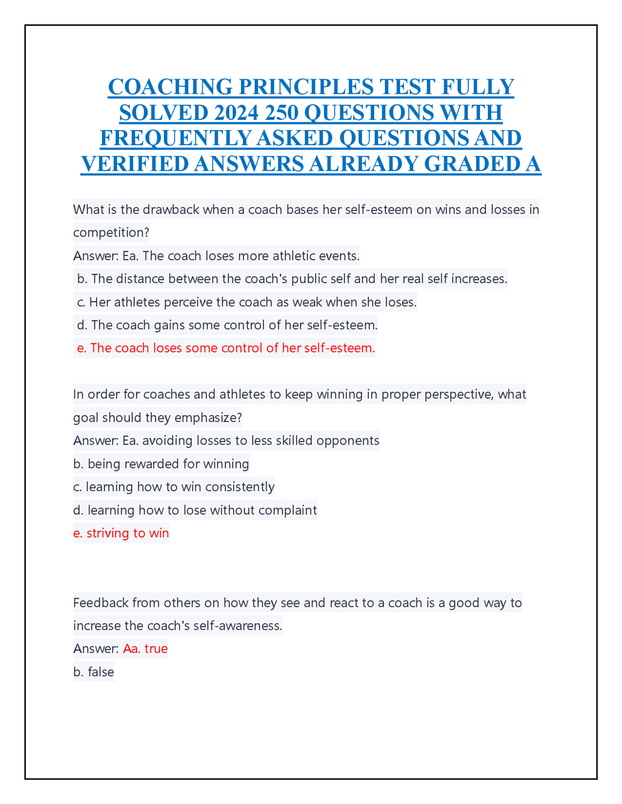 COACHING PRINCIPLES TEST FULLY SOLVED 2024 250 QUESTIONS WITH ...