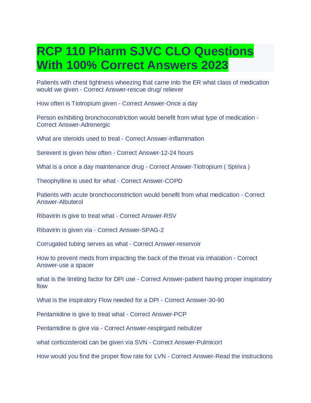 RCP 110 Pharm SJVC CLO Questions With 100% Correct Answers 2023 | Exams ...